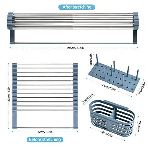 GoMaihe Expandable Roll Up Dish Drying Rack Extra Large, Over The Sink Kitchen Rolling Drainer with Cup Rack and Baskets, Foldable & Versatile Stainless Steel Counter Gadgets(12.5''x12.5'' to 23.5'')