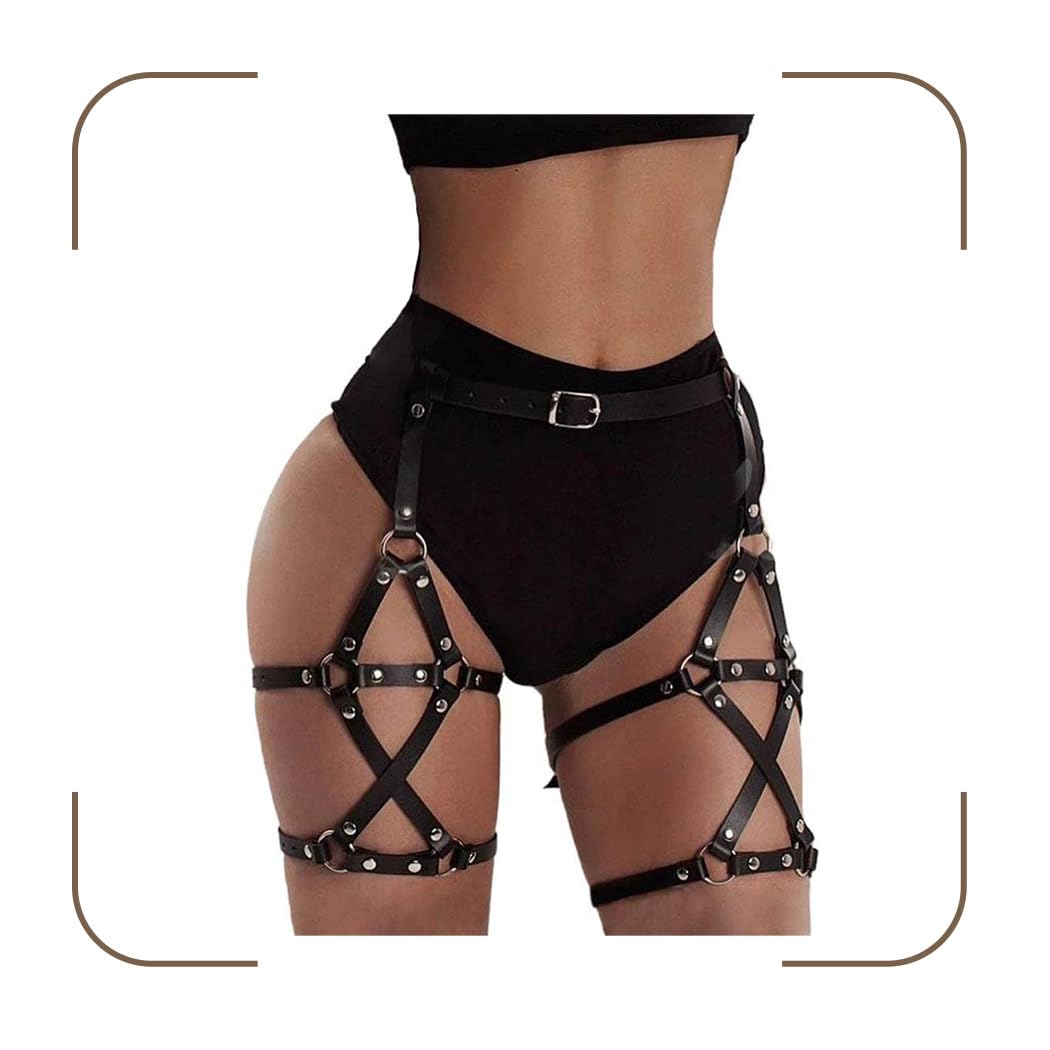 Gemily Punk Waist Chain Belt Leather Black Body Chain Party Leg Harness Garter Rave Body Jewelry for Women and Girls (2)