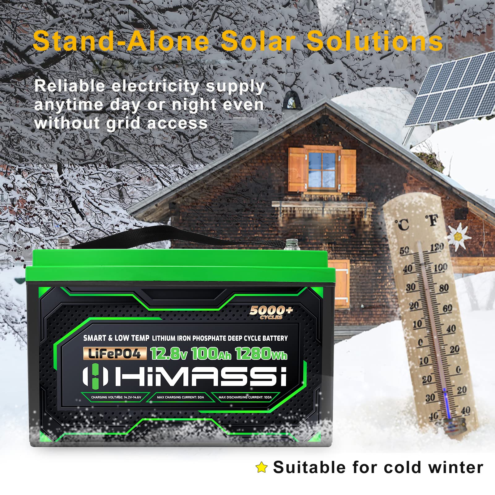 HiMASSi 12V 100Ah LiFePO4 Battery, Built in 100A BMS Lithium Battery for Trolling Motor Marine RV Solar Electrical Systems Home Energy Storage