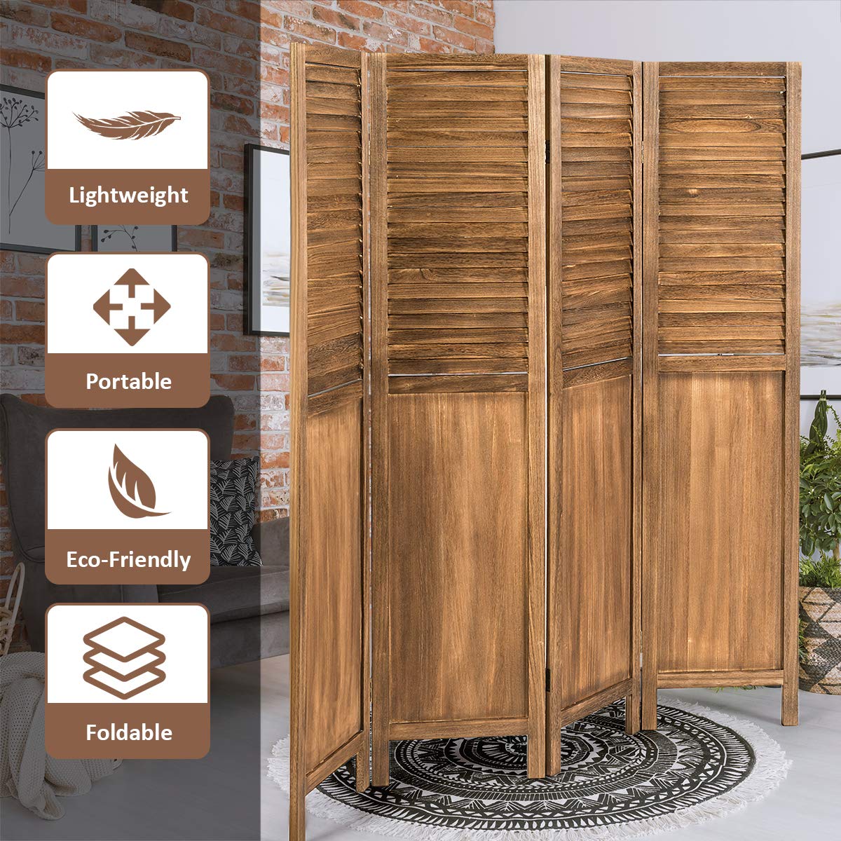 Giantex 4 Panel 5.6 ft Wooden Room Divider, Portable Partition Screen, Perfect Zoom Background, Wood Panel Dressing Screen, Indoor Outdoor Folding Privacy Screens for Home Office Barn Garden, White