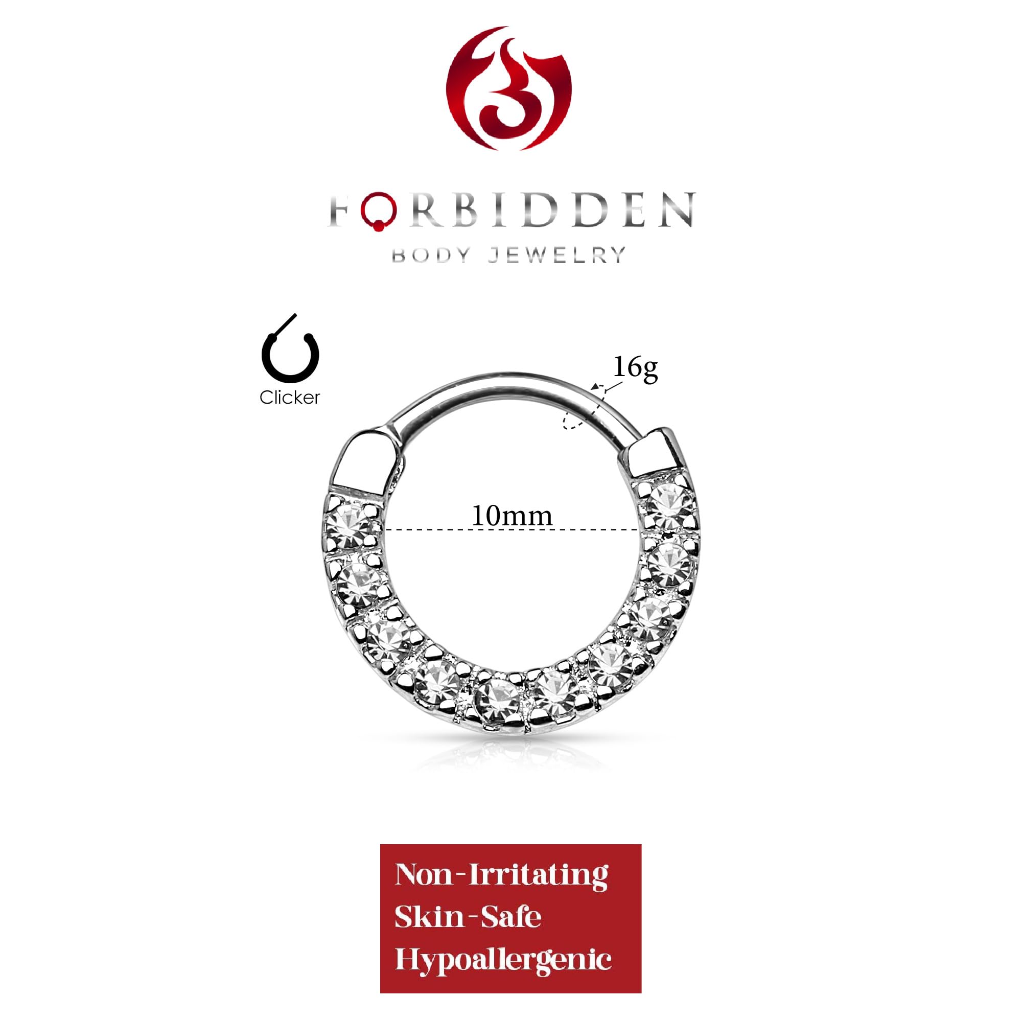 Forbidden Body Jewelry 16g 10mm Rounded Top Pave Clear CZ Tiny Clicker Hoop for Septum and Cartilage Piercings