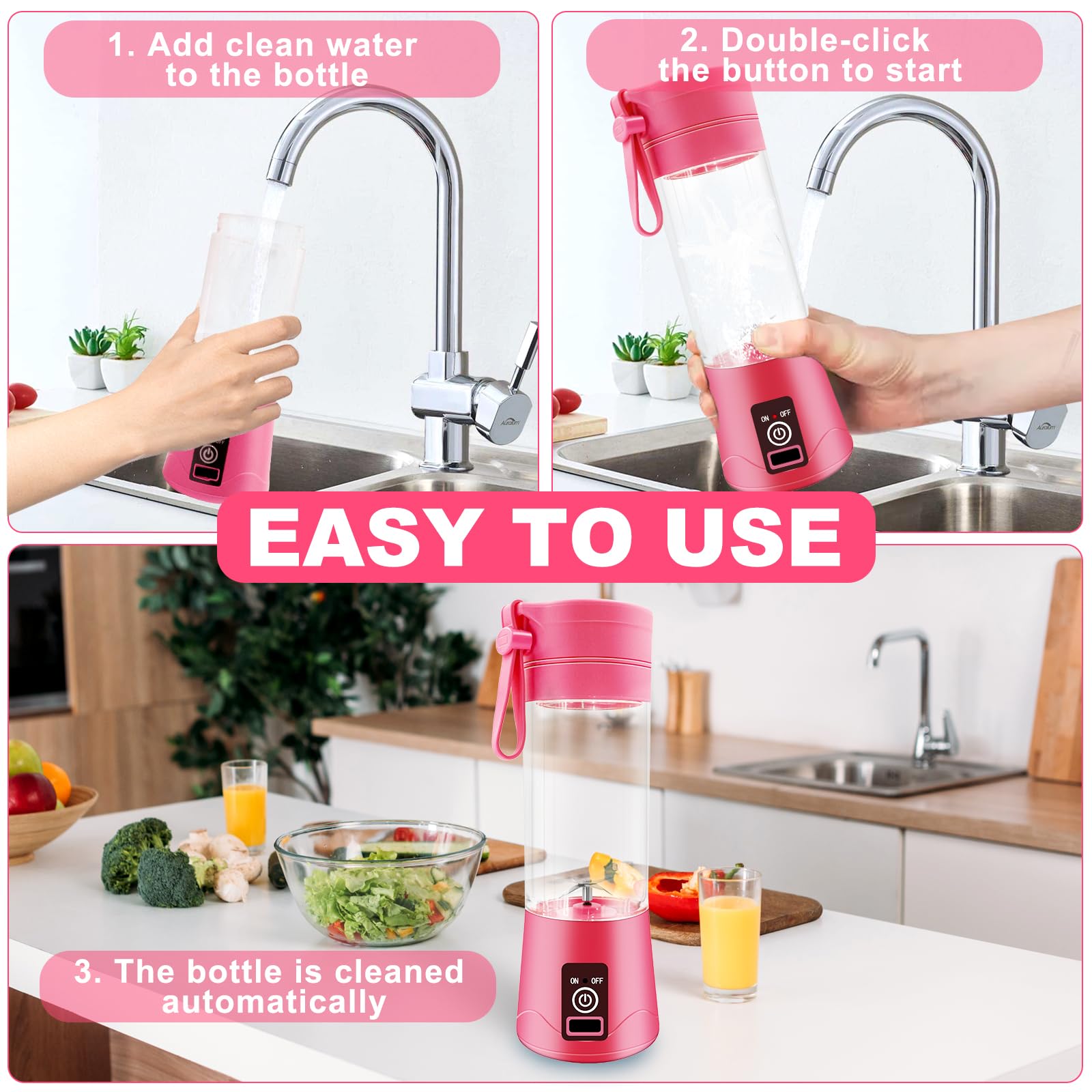 GUCABE Portable Blender, Personal Blender for Milkshakes and Smoothies, Mini Juice Blender with USB Charging, Smoothie Blender 380ML (pink)