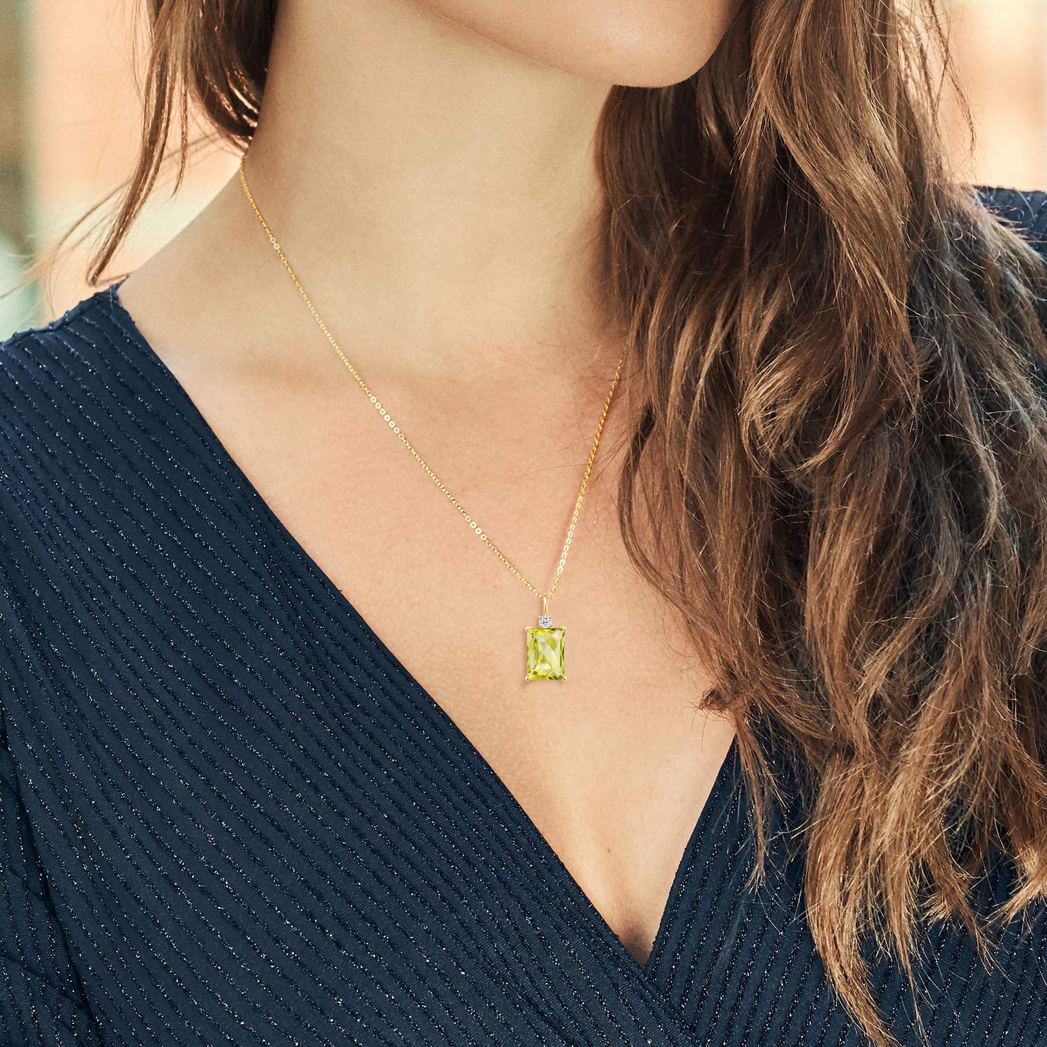Gem Stone King 18K Yellow Gold Plated Silver Octagon Checkerboard Yellow Lemon Quartz and White Topaz Pendant Necklace For Women (6.99 Cttw, with 18 Inch Chain)