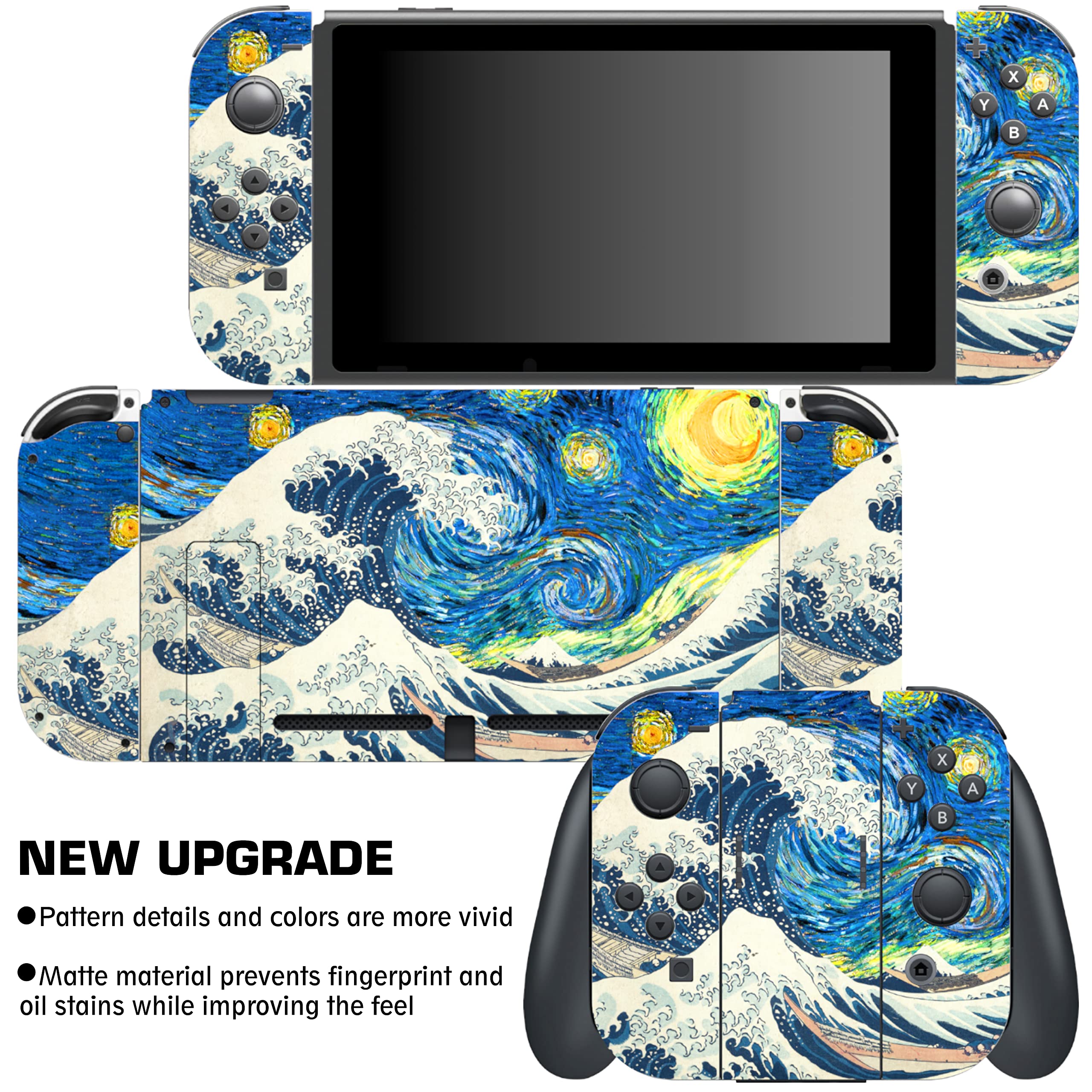 HK Studio Game Console Switch Skins - Japan Wave Game Console Switch Stickers with No Bubble, Waterproof - Game Console Switch Wrap Skin - Including Skin for Joy-Cons, Dock, Grip and Console