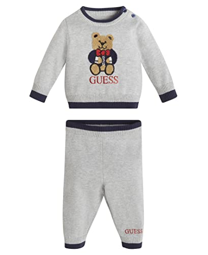 GUESS Infant Boys Intarsia Logo Bear Sustainable Cotton Sweater And Jogger 2 Piece Set, Light Stone Heather, 6/9M