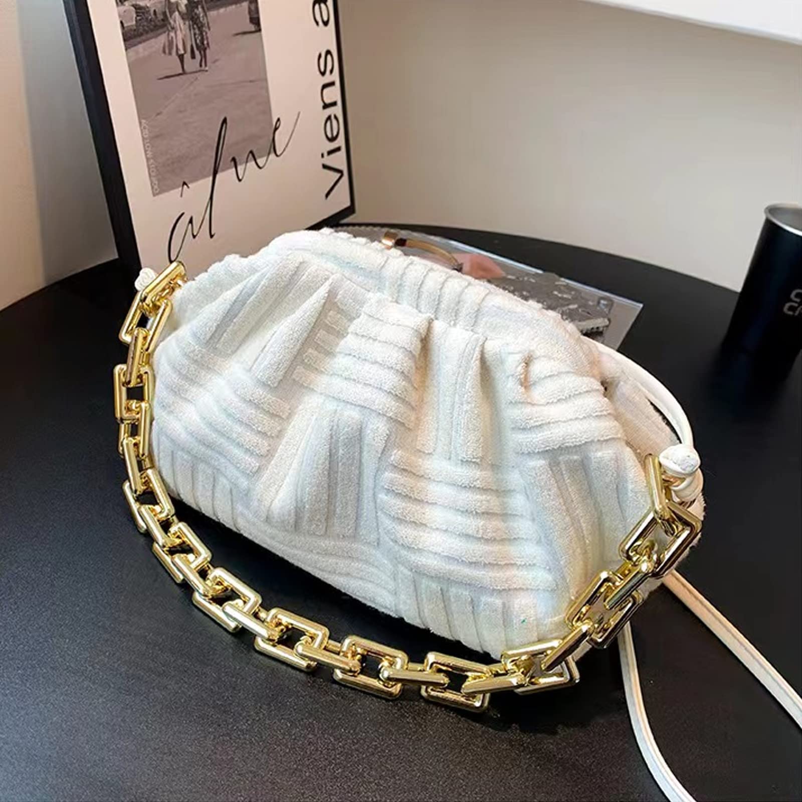 Jacquard Pattern cotton cloud shape dumpling handbag clutch purse for women shoulder hobo bag dupes(White)