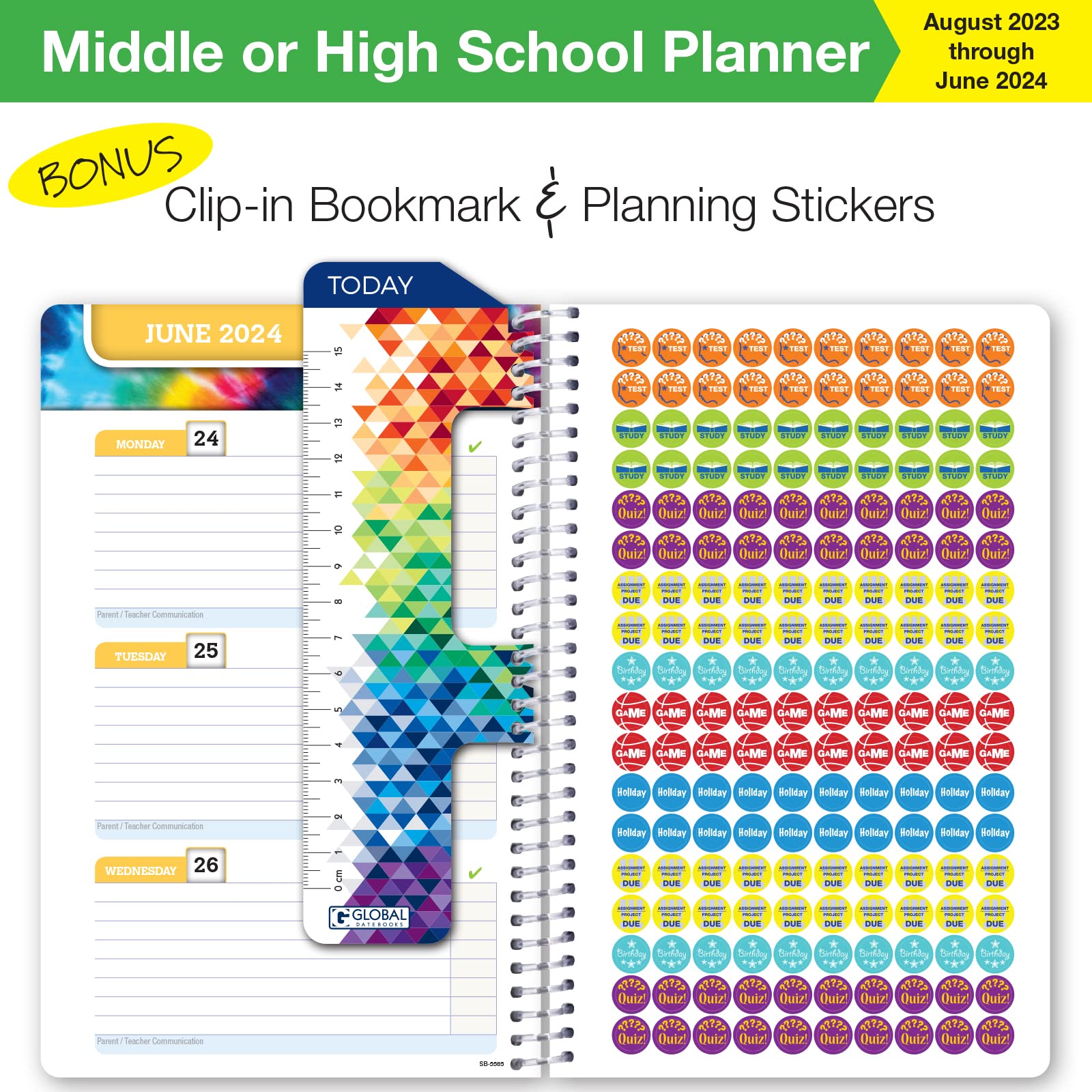 Global Datebooks Dated Middle School or High School Student Planner for Academic Year 2023-2024 Includes Ruler/Bookmark and Planning Stickers (Block Style - 5.5"x8.5" - Galaxy)