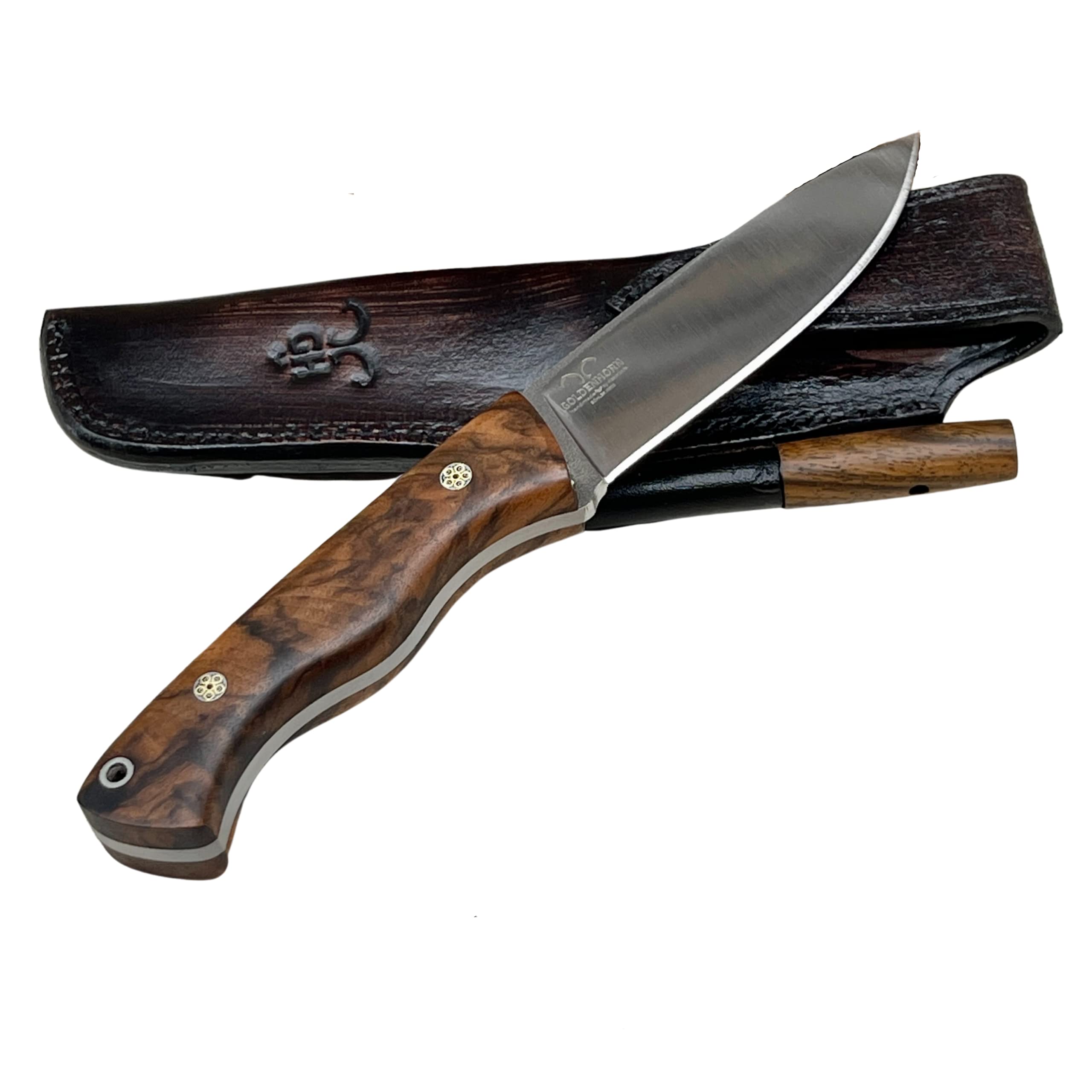 Handmade Fixed Blade Outdoor Knife with Sheath β Hunting, Bushcraft, Self Defense Bowie Knife β Tracker Knife with Wooden Handle & N690 German Bohler Steel Blade β Leather Sheath & Flint Rod Included