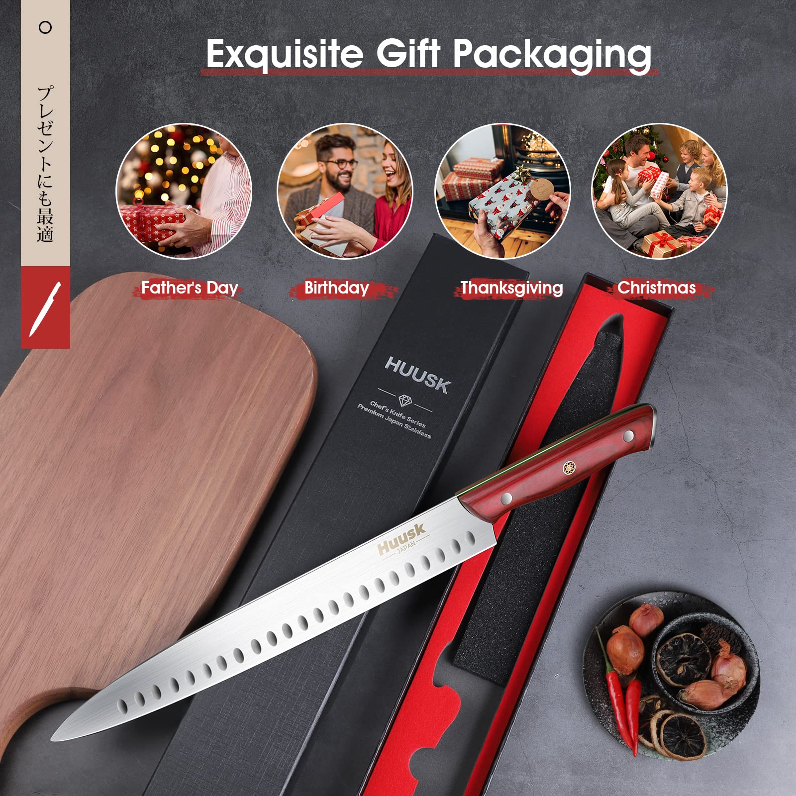 Huusk Chef Knife with Sharp Edge Christmas Gifts Bundle with Outdoor Cooking Knife for Kitchen BBQ Fishing