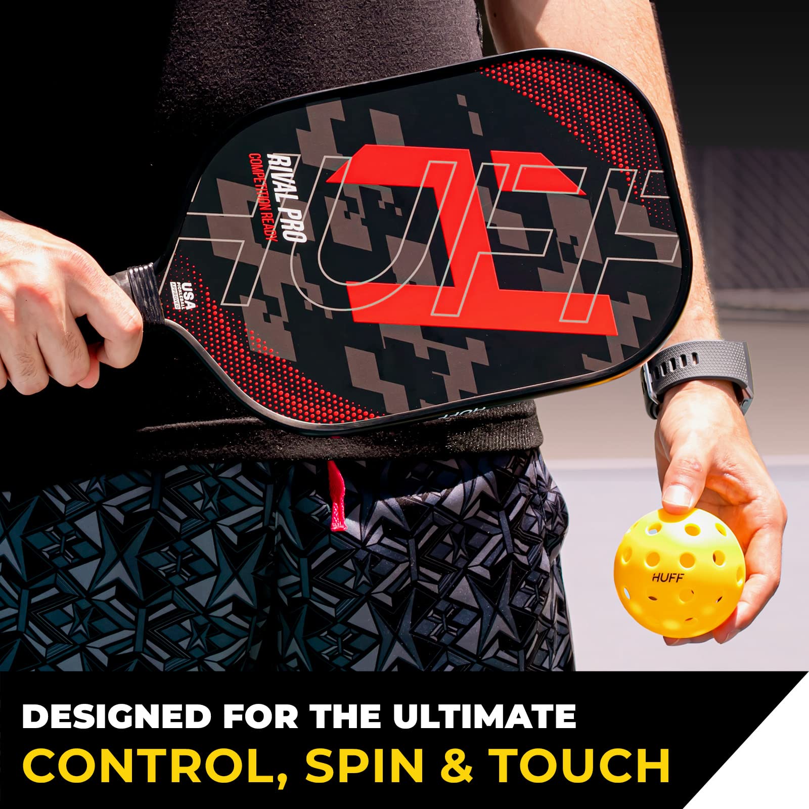 HUFF Rival Pro Pickleball Paddle – for Competitive Players – Graphite Carbon Fiber Surface – USAPA Approved – Red