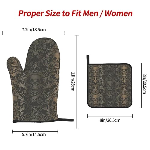 Gothic Wallpaper Skull Printed Oven Mitt and Pot Holders Set of 3 Non-Slip Cooking Gloves Heat Resistant Hot Pads for Kitchen BBQ Baking
