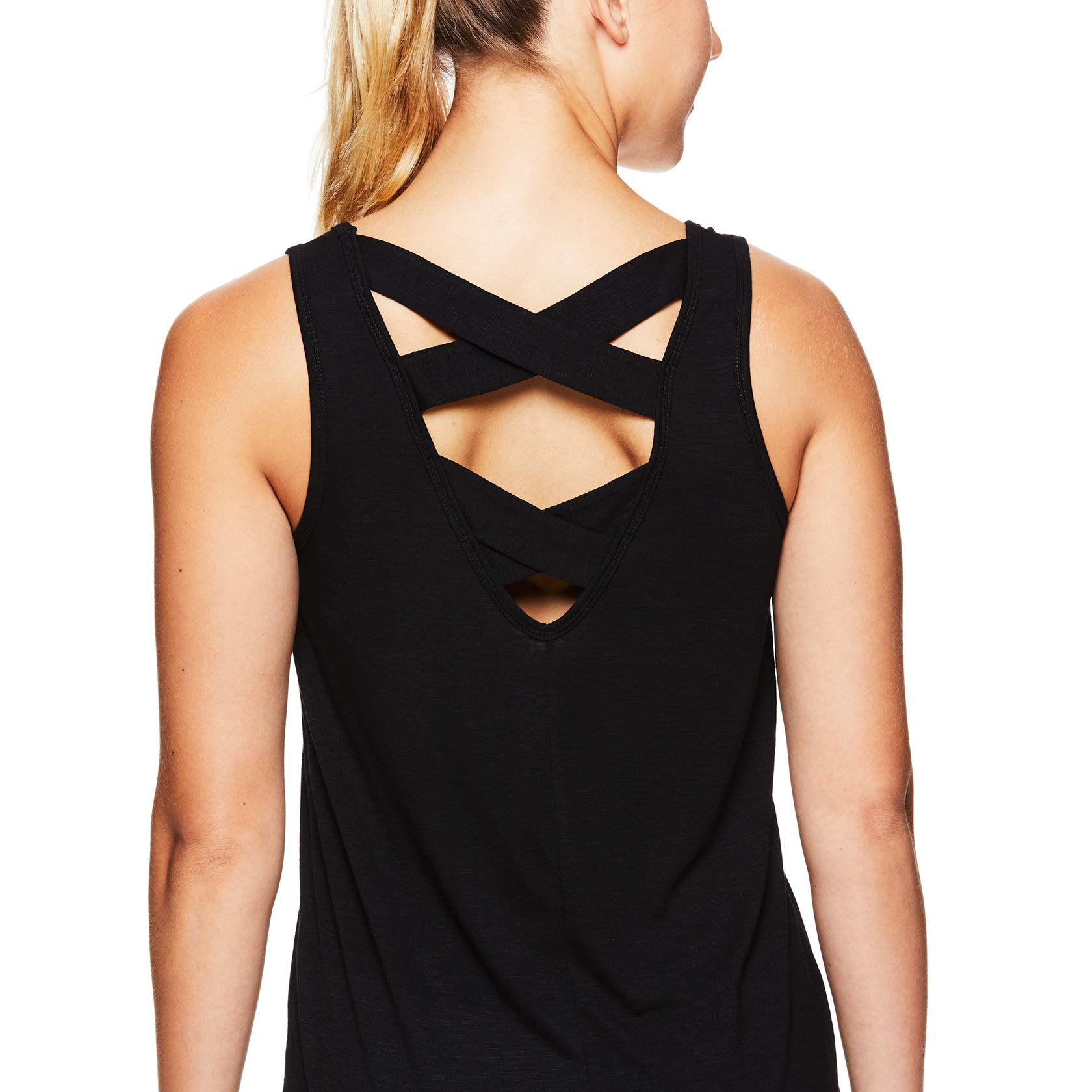 Gaiam Women's Open Back Yoga Tank Top - Sleeveless Racerback Workout & Gym Shirt - Black (Tap Shoe) Flow, X-Large