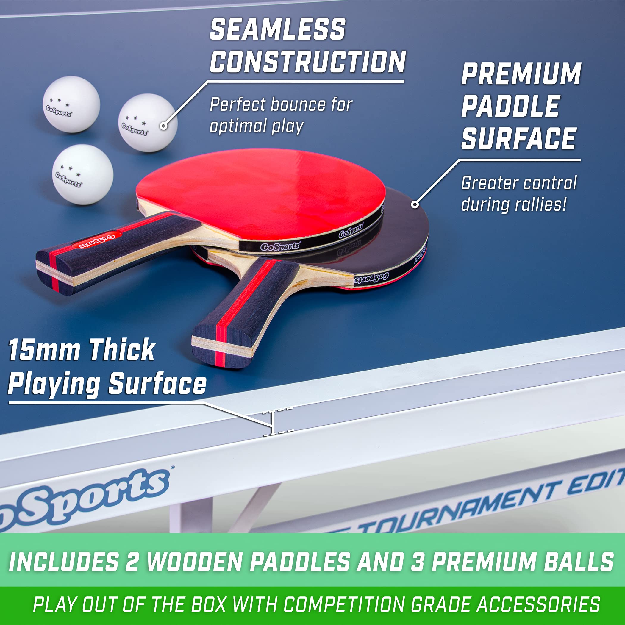 GoSports Tournament Table Tennis Set β Choose Indoor or Outdoor Table, Includes Net, 2 Paddles, and 3 Balls with Case