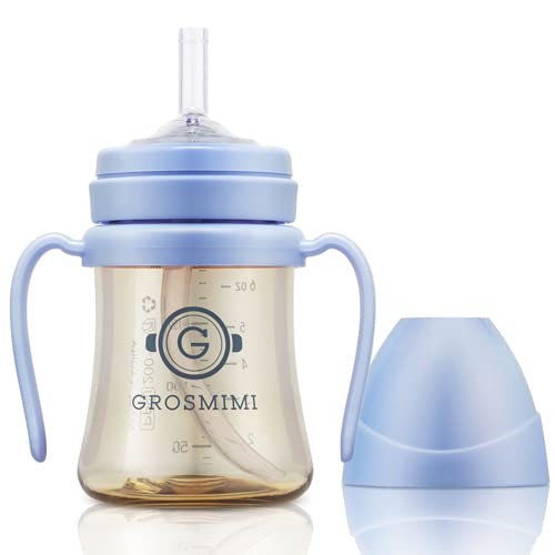 GROSMIMI PPSU Spill Proof Magic Sippy Cup 6 oz (Sky Blue) + Replacements (Straw kit 2-counts, Stage 2)