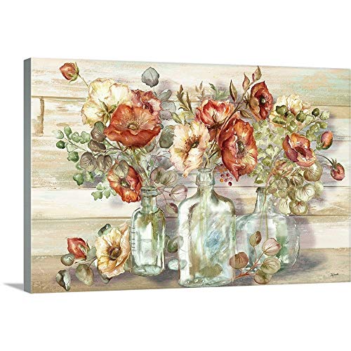 GREATBIGCANVAS Spice Poppies and Eucalyptus in Bottles Canvas Wall Art Print, Poppy Home Decor Artwork, 36"x24"x1.5"