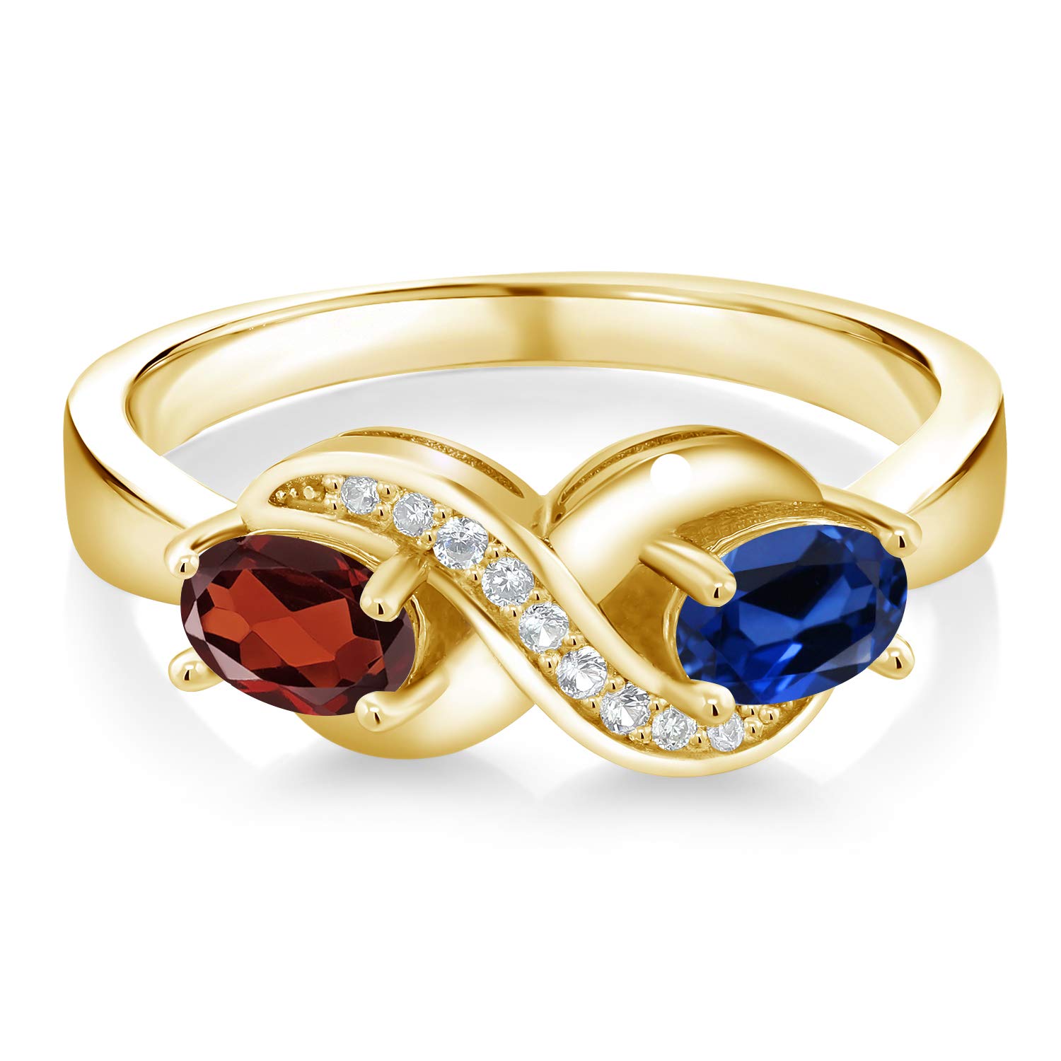 Gem Stone King 18K Yellow Gold Plated Silver Personalized Customized Engrave 2-Stone Gemstone Birthstone and White Created Sapphire Infinity Forever Love Knot Ring For Women (Size 7)