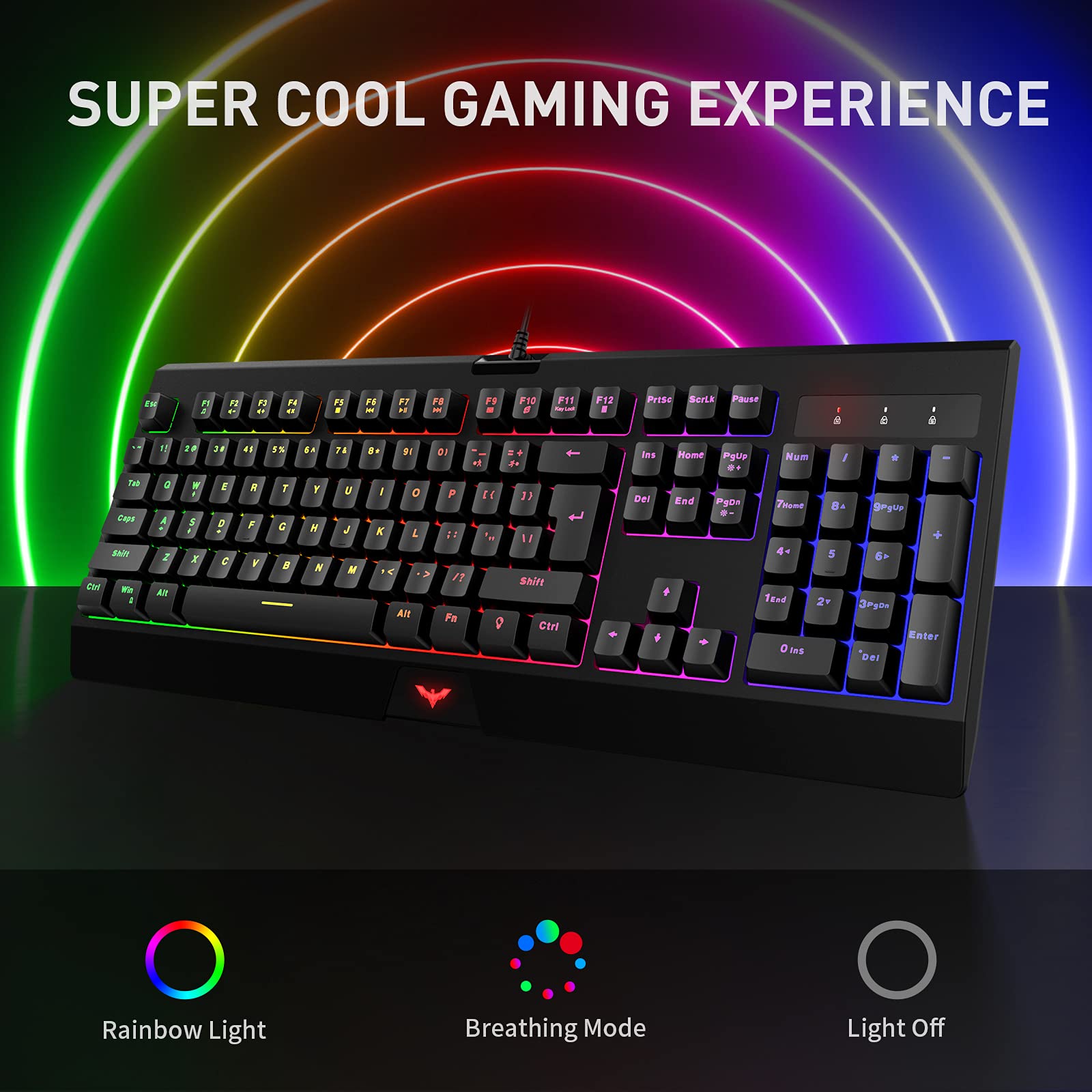 havit Rainbow Backlit Wired Gaming Keyboard 104 Keys Gaming Keyboards LED USB Ergonomic Keyboard for PC Windows Gamers