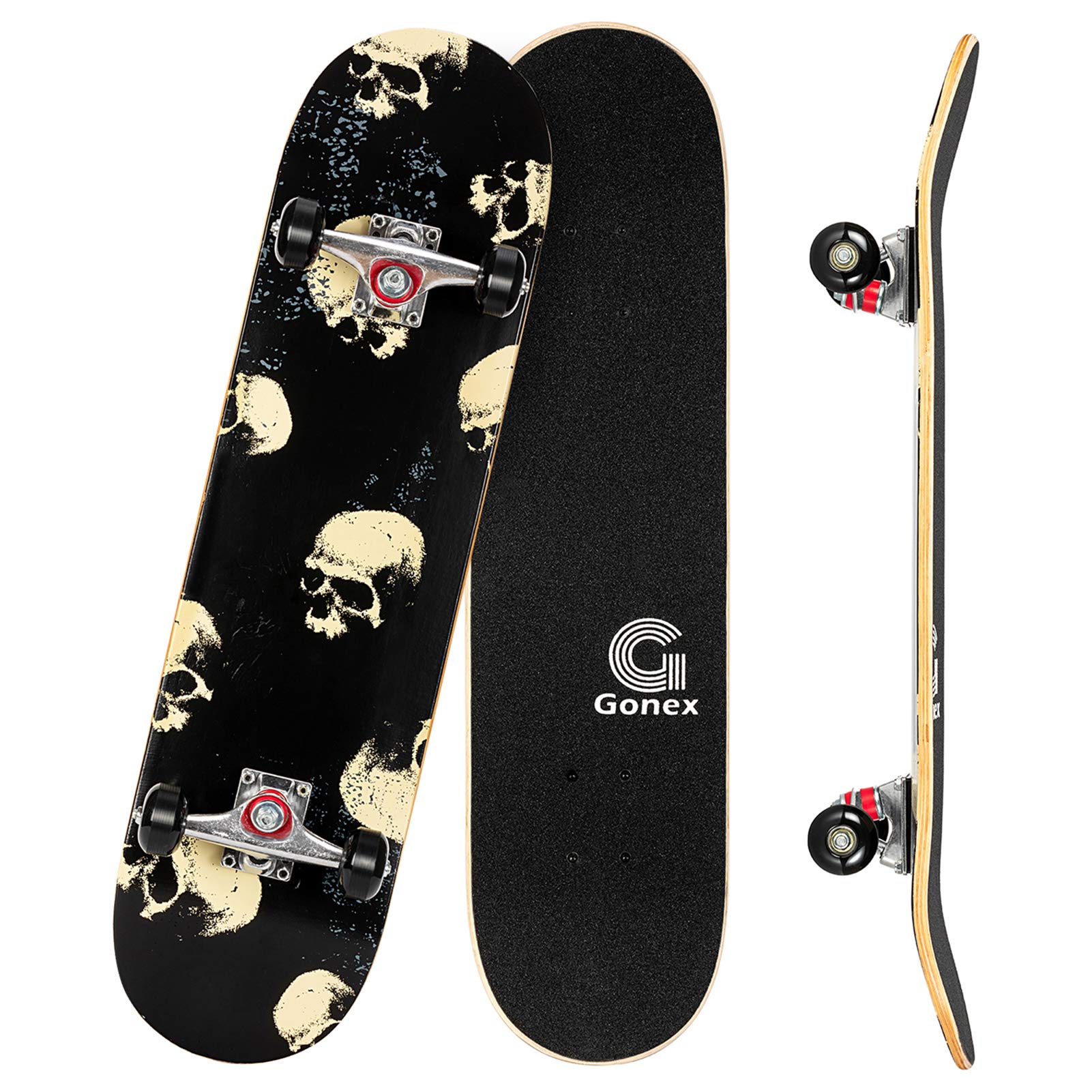 Gonex Standard Skateboard for Kids Teens Beginners, 31 x 8 Inch Double Kick Concave Complete Skate Board for Boys Girls Adults with 9 Layer Maple Deck, Skull