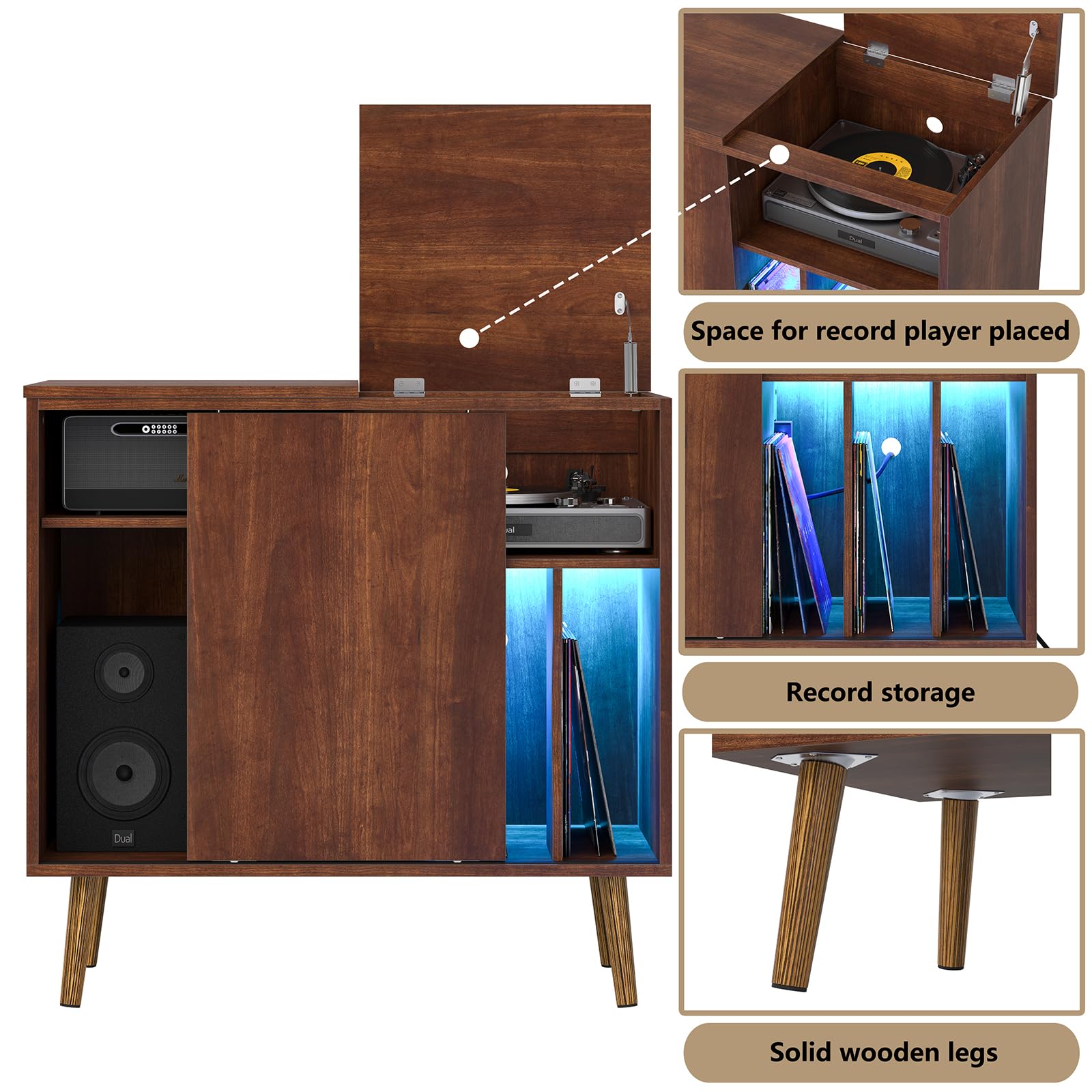 furomate Record Player Stand with Storage, 2 Tier Vinyl Record Storage Cabinet, Mid-Century Record Player Table with Power Outlets & LED Lights, Turntable Stand for Living Room, Mahogany