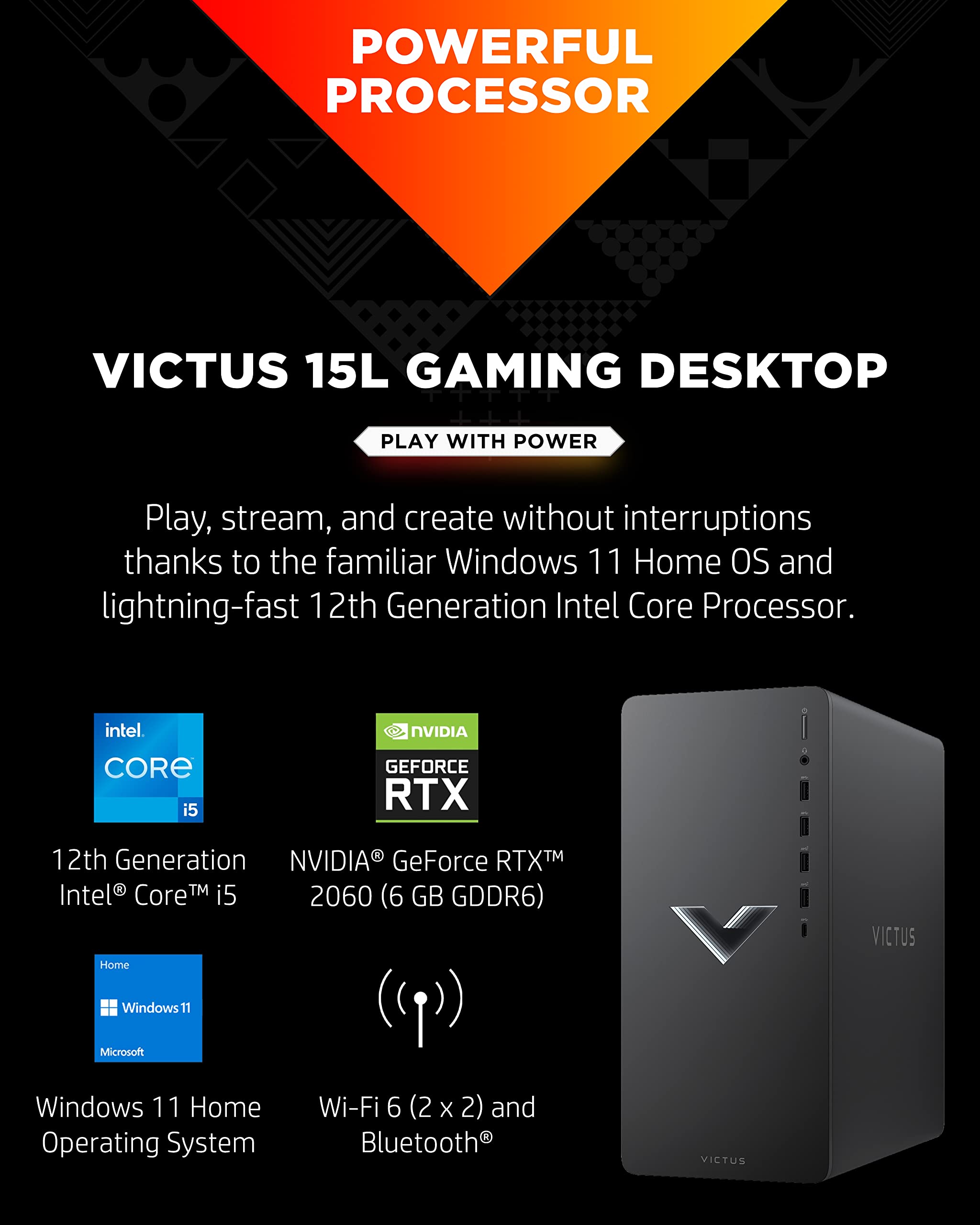 HP Victus 15L Gaming Desktop Computer, NVIDIA GeForce RTX 2060 Graphics, 12th Gen Intel Core Processor, 8 GB SDRAM, 512 GB SSD, Windows 11 Home OS, QuickDrop, Wi-Fi & Bluetooth (TG02-0020, 2022)