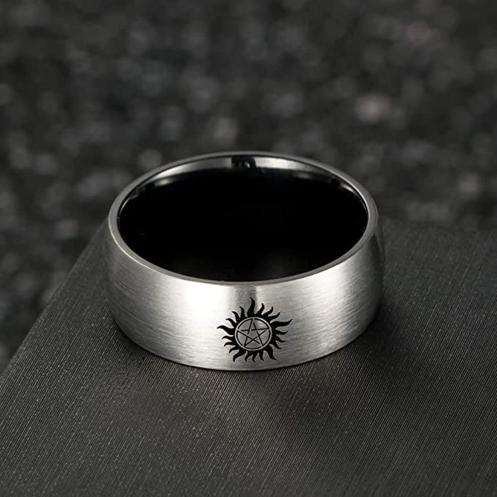 HHGVXTLE Supernaturall Ring Two-tone Matte Brushed Wedding Ring Charm Anti-Possession Symbol Titanium Band Ring (9)