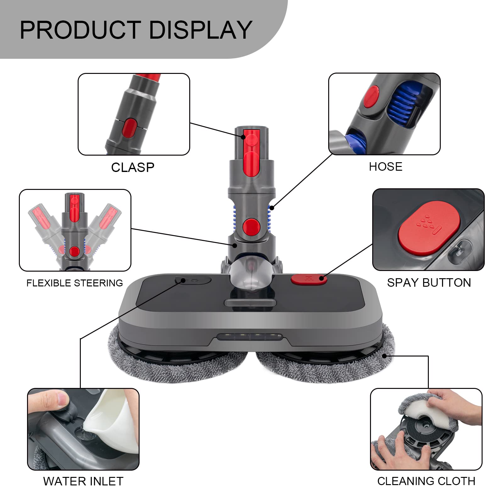 Garbage fighter Electric Mop Head Attachment for Dyson V7 V8 V10 V11 V15 Wireless Vacuum Cleaner Wet & Dry Mop Cleaning Head Floor Brush Replacement Parts