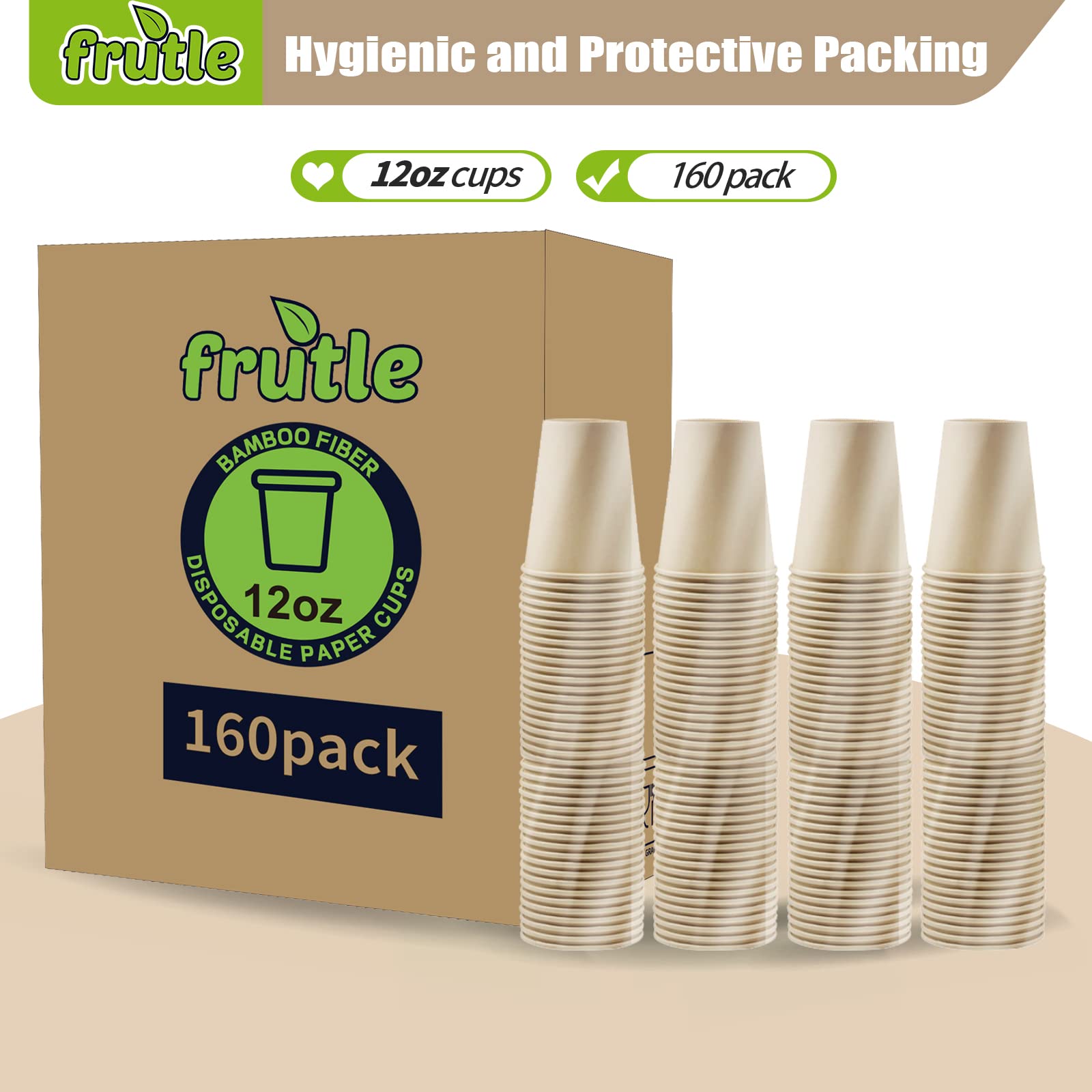 FRUTLE Paper Cups 12 OZ Coffe Cups-Paper Cups for Hot Beverages-Disposable Coffee Paper Cups -Unbleached Hot Cups-Everyday Use Parties Commercial Settings 160Pack