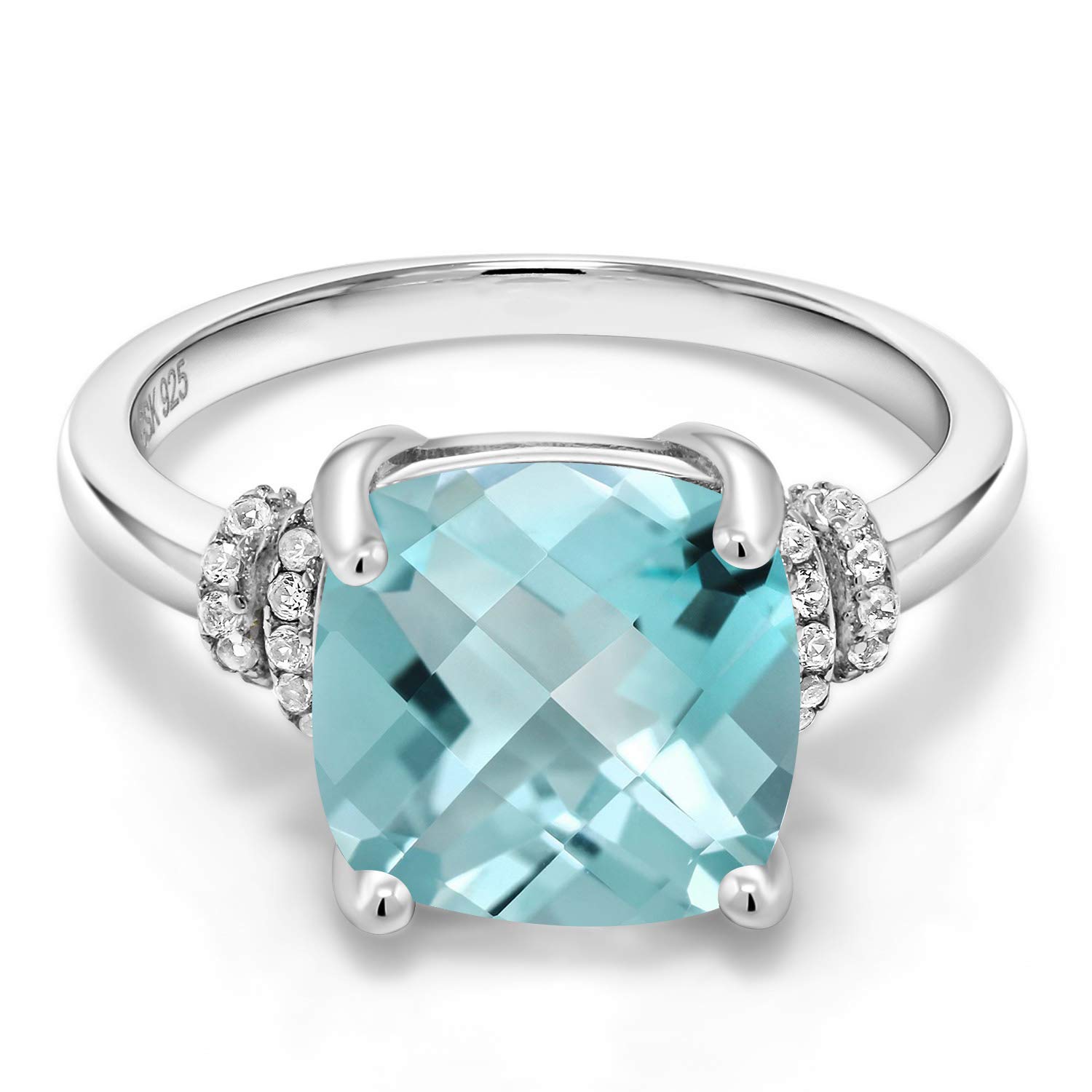 Gem Stone King 925 Sterling Silver Sky Blue Topaz Ring For Women (4.94 Cttw, Cushion Checkerboard 10MM, Gemstone Birthstone, Available in size 5, 6, 7, 8, 9)