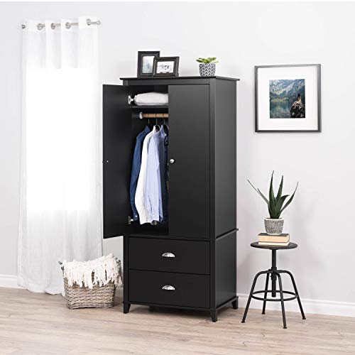 Prepac Yaletown Traditional Wardrobe Closet with Drawers and 2 Doors, Stylish 2-Door Armoire Portable Closet 21" D x 31.5" W x 72" H, Black, BABH-1205-2K