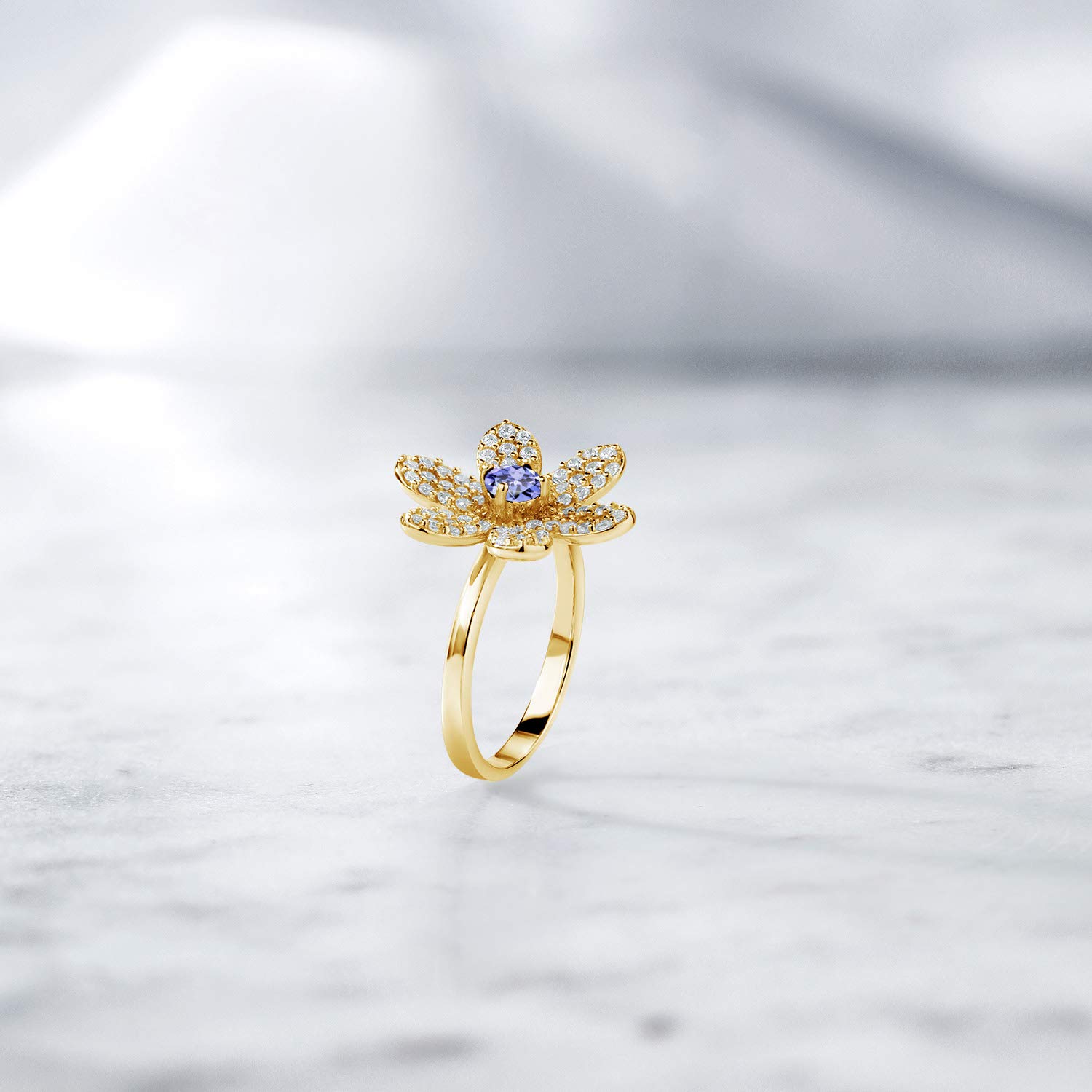 Gem Stone King 18K Yellow Gold Plated Silver 4MM Round Gemstone Birthstone Flower Ring For Women By Keren Hanan | Available in Size 5,6,7,8,9
