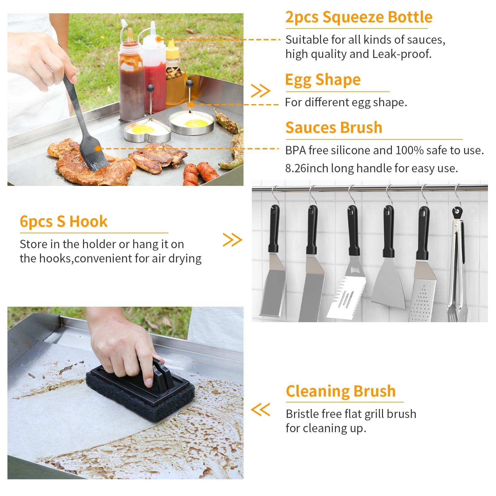 Griddle Accessories Kit for Blackstone, 20pcs Multifunctional Stainless Steel Griddle Tools Set for Flat Top, Cast Iron, Griddle Set with Spatula, Scraper, Hooks for Teppanyaki & Gas Grill Outdoor