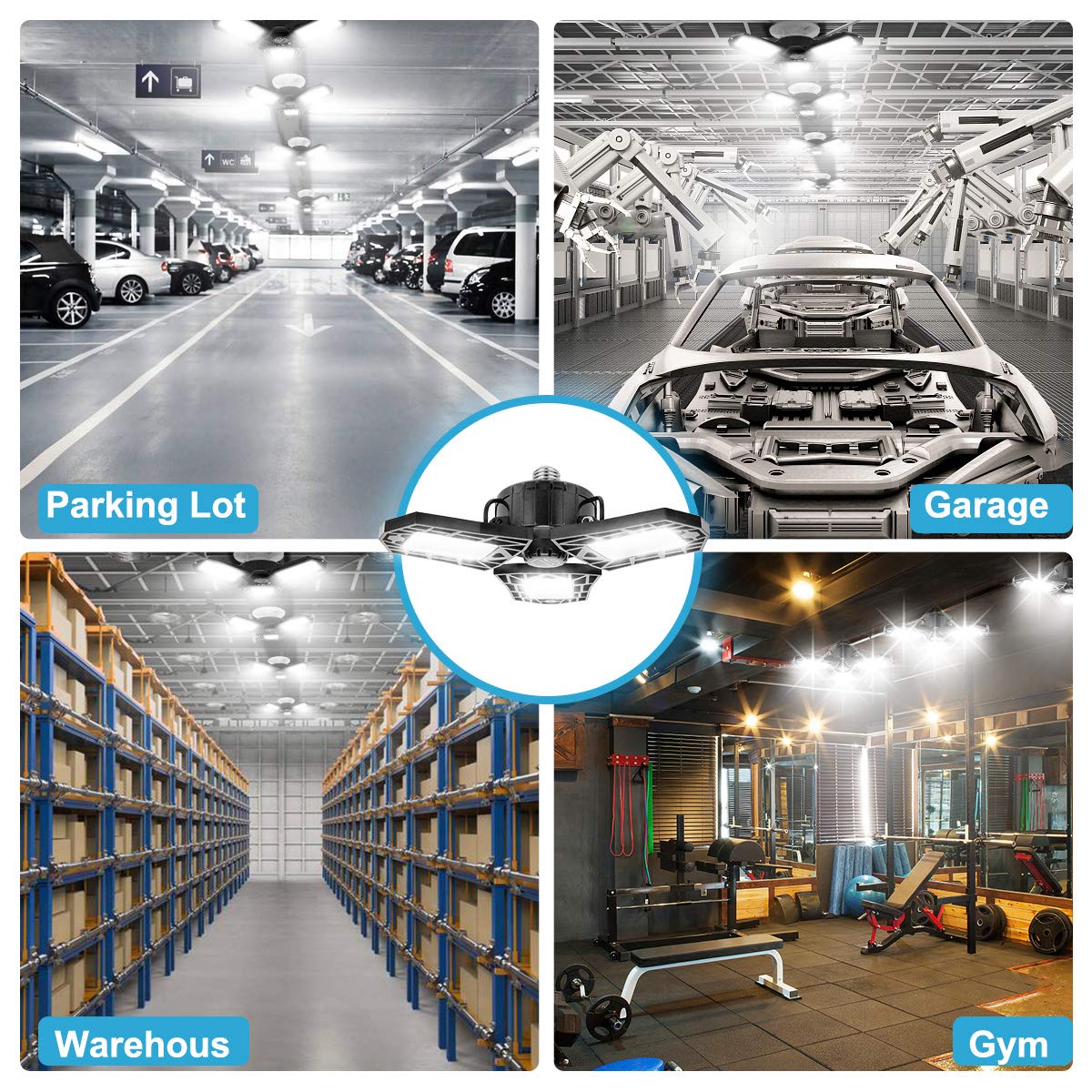 HUOSUC LED Garage Lights, 80W High Bay Lighting, E26/E27 8000LM Deformable LED Garage Ceiling Lights with 3 Adjustable Panels, 6500K Daylight LED Shop Lights for Garage Basement Workshop(2 Pack)
