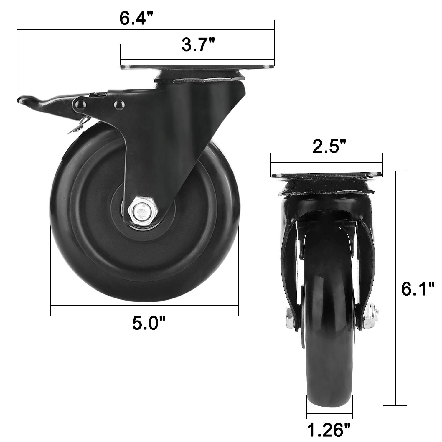 GloEra 5 inch Swivel Caster Wheels Heavy Duty 1800LBS Capacity with Safety Dual Caster, 4 Pack All with Brake No Noise Lockable Wheels (Black)