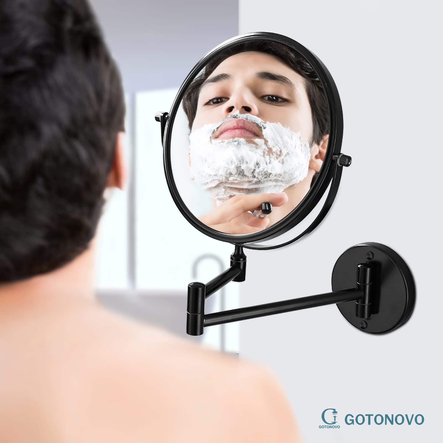 gotonovo Wall Mounted Magnifying Mirror Pivoting Arm Double Sided Swivel Makeup Vanity Black Telescoping Handheld Mirror 8 Inch Magnification Round Base