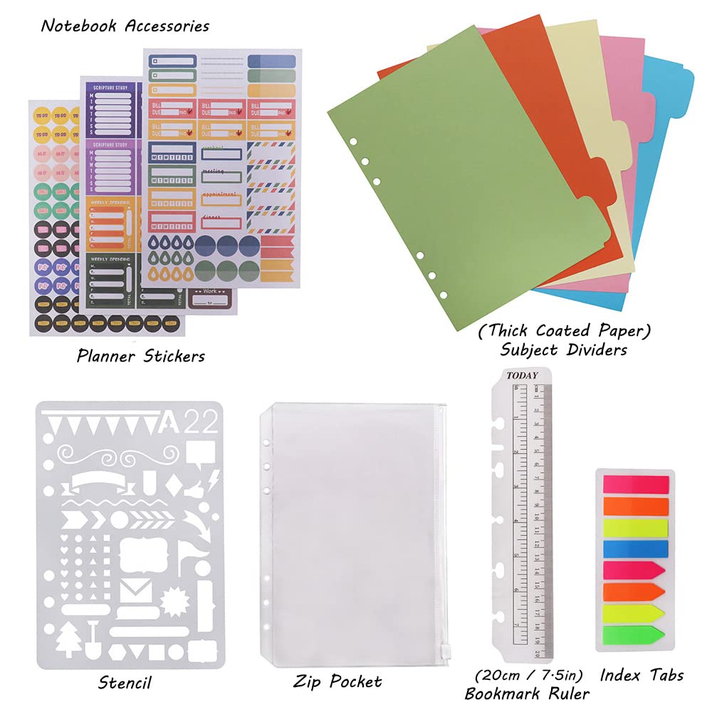 HXRTANGS A5 Loose-Leaf Notebook, Refillable 6-Ring Binder Journal Organizer with 80 Sheets Lined Paper + Planner Stickers + Subject Dividers + Index Tabs + Zip Bag + Stencil + Bookmark Ruler, Brown