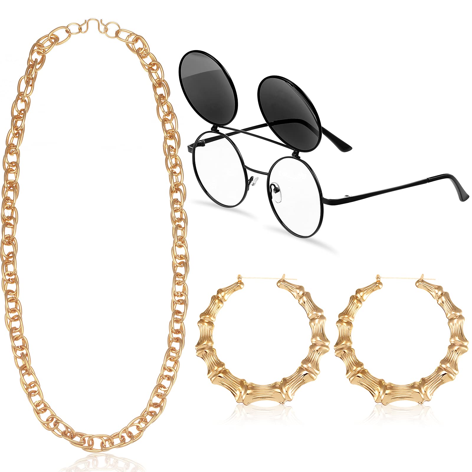 Hicarer 80s 90s Outfit Accessories for Women Men Hip Hop Costume Round Goggle Faux Gold Chain Earring Jewelry (Round Shape Earrings)