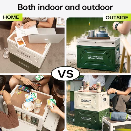 GOTO 50L Folding Storage Box with Wooden Lid, Stackable Foldable Storage Bin with Wooden Cover, Side Opening Folding Storage Containers for Camping, Car Trunk, Home Sorting (Army Green)