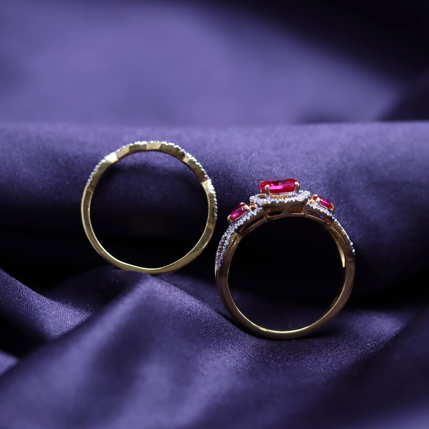GEMVIO Collection Three Stone Ring, Round Cut Lab Created Ruby Gemstone & Natural Diamond Halo Bridal Set Engagement Ring In 14K Yellow Gold Over Sterling Silver Wedding Band Ring-8