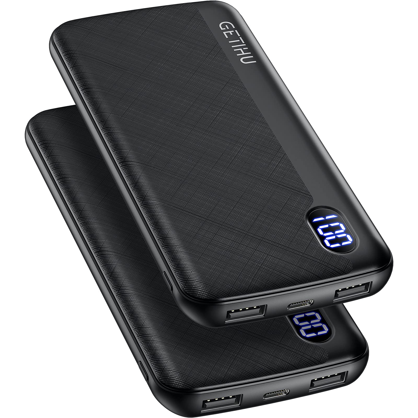 GETIHU Portable Charger, 2-Pack Slimmest 10000mAh USB C Triple 2.4A High-Speed LED Display Power Bank, External Battery Pack Compatible with iPhone 14 13 12 Pro X Samsung S22 Google LG iPad Tablet etc