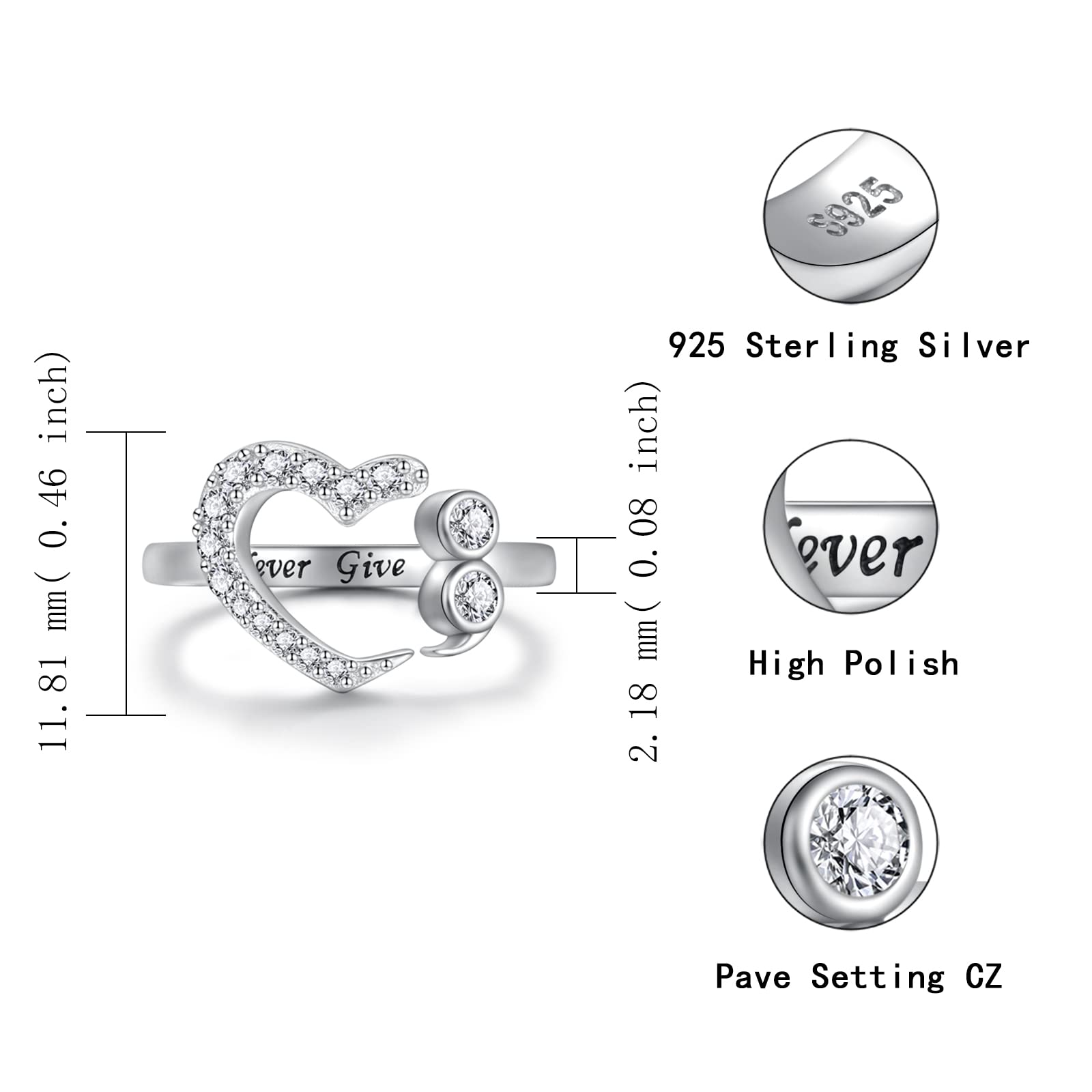 Heart Semicolon Ring 925 Sterling Silver Adjustable Engraved Never Give Up Jewelry for Suicide Survivors Depression Awareness Inspirational Gift for Women