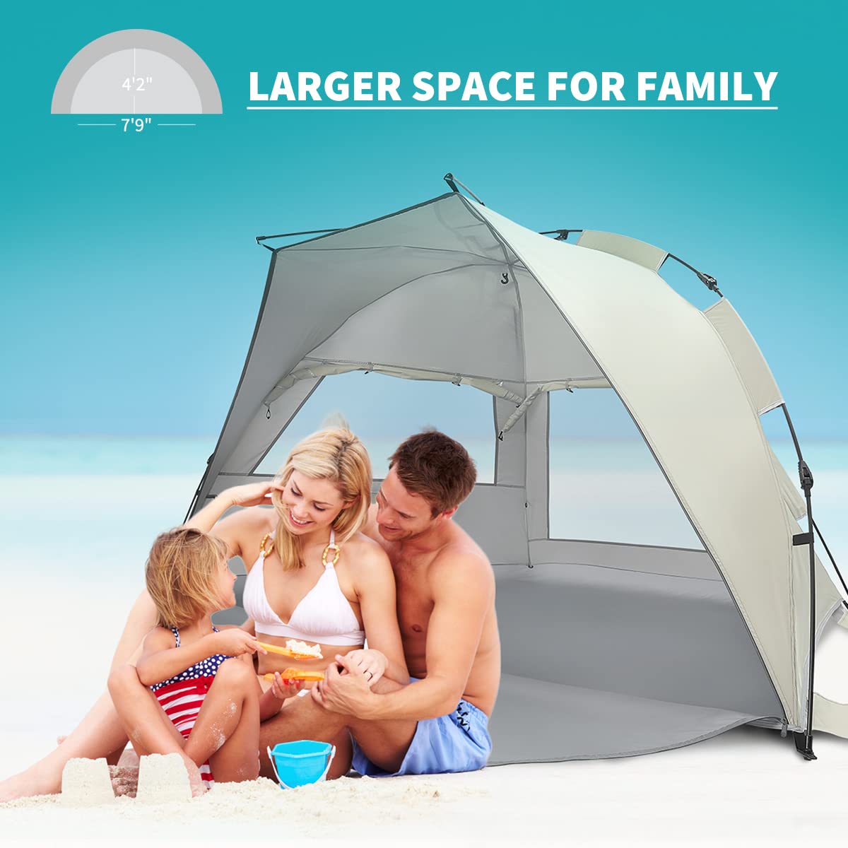 HITOSPORT Hitosport Beach Tent, Sun Shelter, Pop Up Shade, Easy Setup XL Sun Tent for 4 Person, Outdoors, Windproof, UPF 50+, Tent Stakes, G
