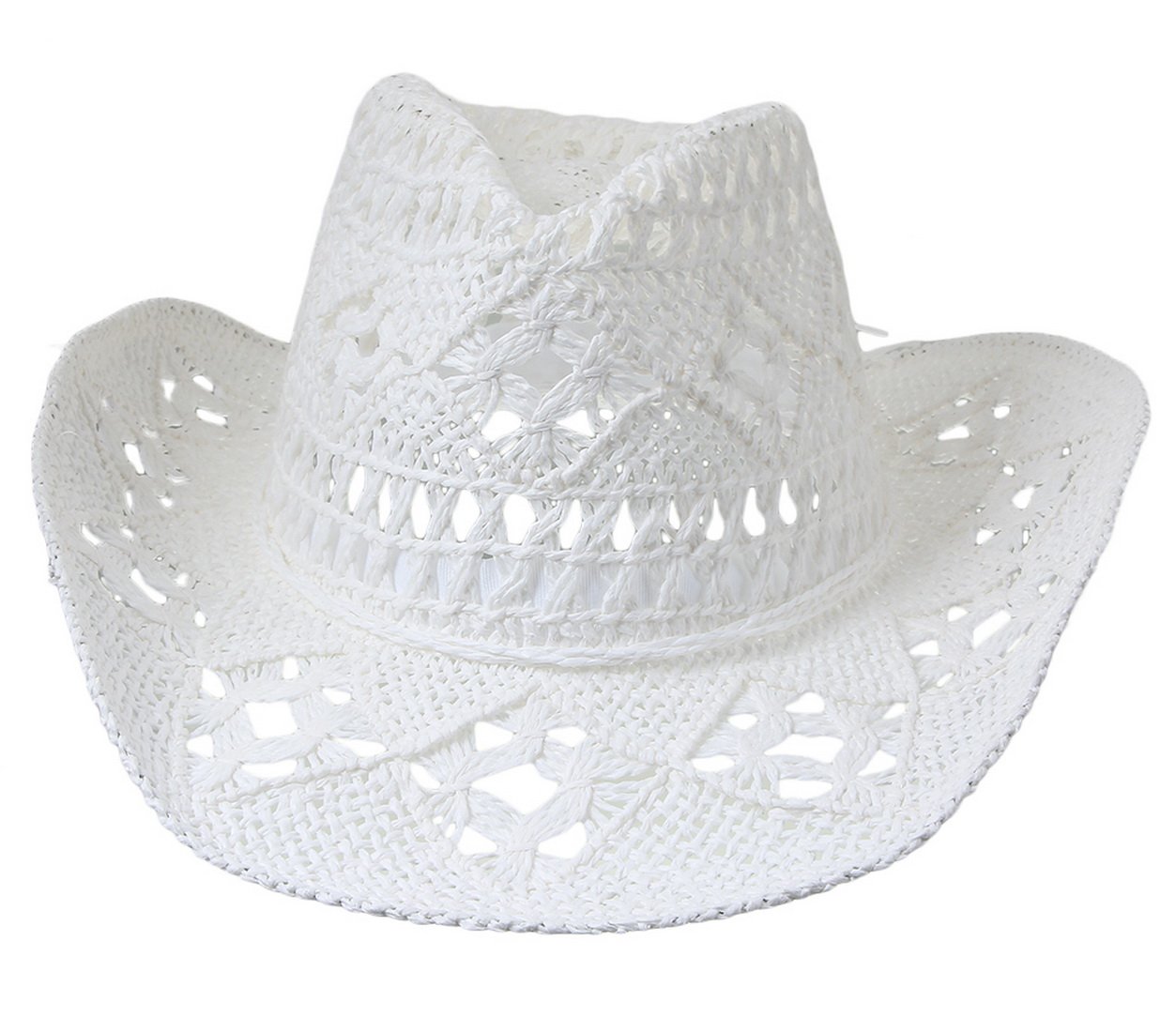 GEMVIE Men & Women's Summer Cowboy Cowgirl Straw Hat Hollow Out Style Roll Up Brim Cowboy Sun Hat White