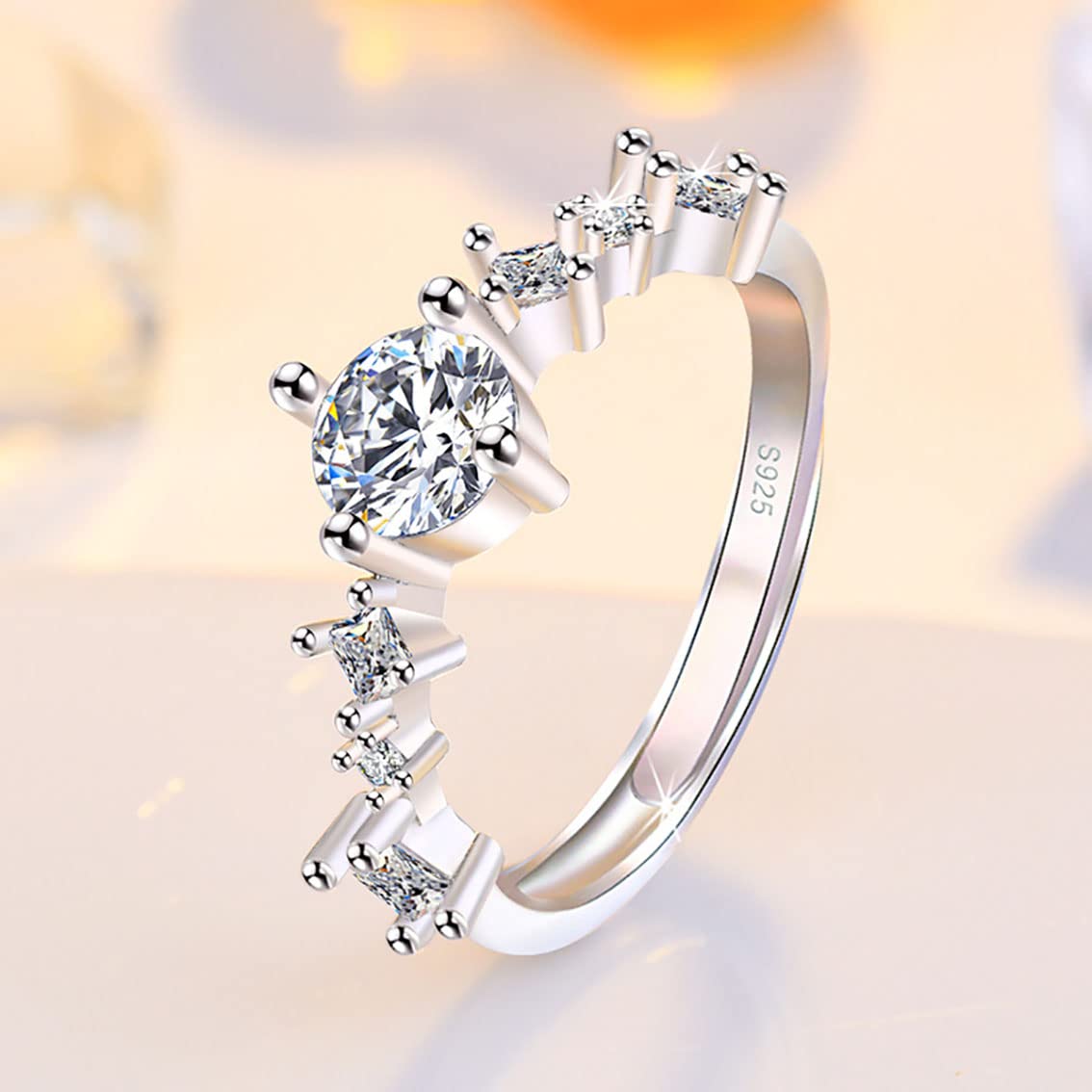 HONYAT Simulation Diamond Ring Wedding or Engagement Opening Copper Silver Plated Adjustable Ring Fashion S925 Sterling Silver Zircon Single Diamond Live Mouth Ring
