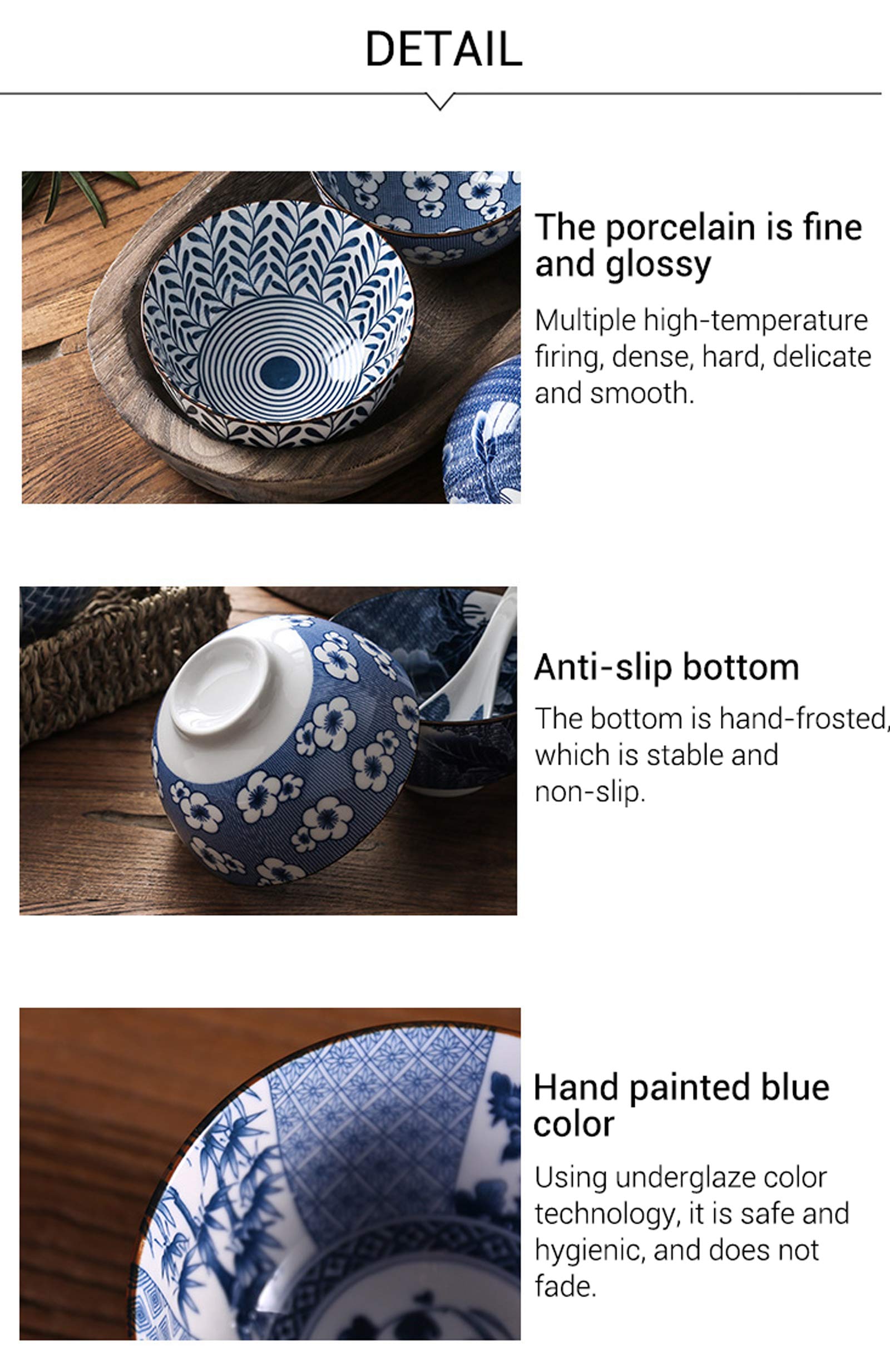 Gegong Blue and White Porcelain Dinnerware Set, Dishes, Bowl, Spoon, Chopsticks, Service for 1, Colorful Glazed Ceramic Set, Gift Box Packaging (Tang Grass)