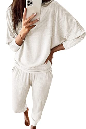 PRETTYGARDEN Women's 2023 Fall Fashion Outfits 2 Piece Sweatsuit Solid Color Long Sleeve Pullover Long Pants (Off-white,X-Large)