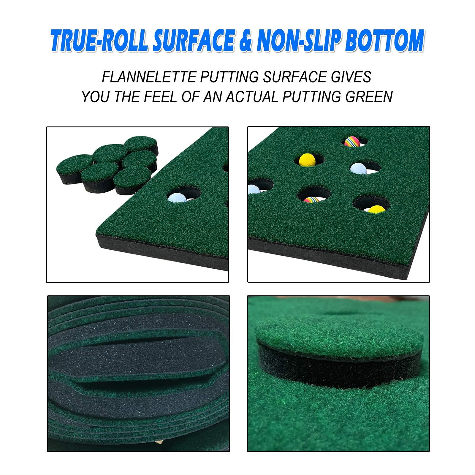 Golf Putting Green Mat, Home Golf Putting Mats, Foldable Golf Mat Golf Training Aid Practice Mat, Golf Putting Game Set with 6 Golf Balls 12 Hole Covers, Golf Gifts, 9.84ft x 1.64ft (Flannelette)
