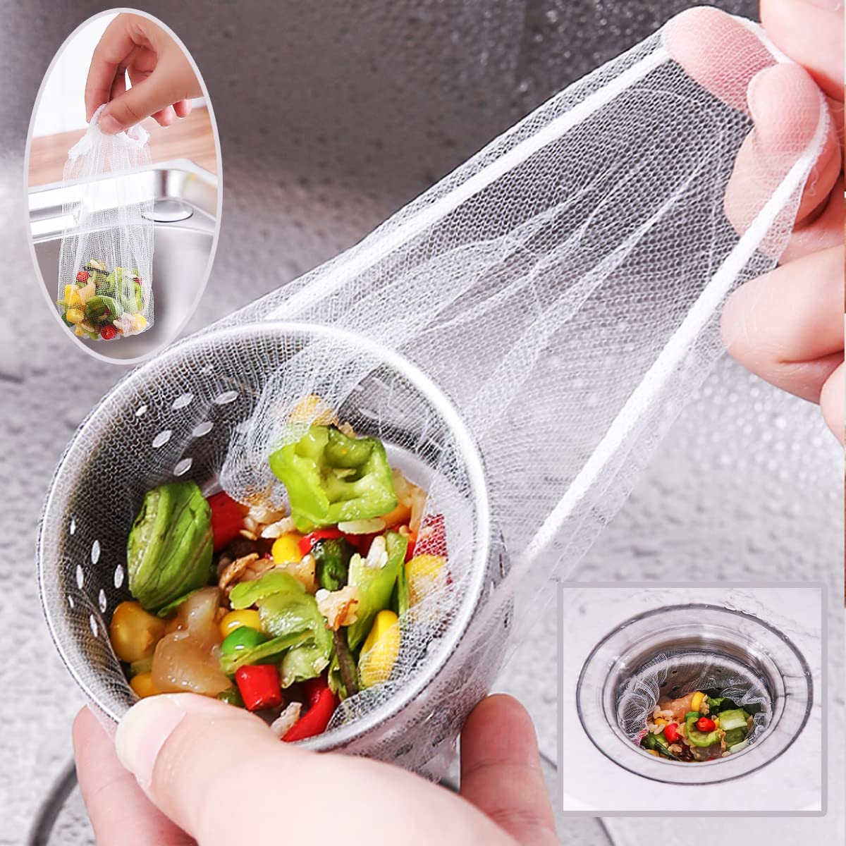GXXMEI 500PCS Disposable Mesh Sink Strainer Bags, Kitchen Sink Strainer Filter Mesh Bag Anti Clogging Elastic Kitchen Sink Strainer Mesh Trash Bag, Fits Most Sizes of Sink Strainer