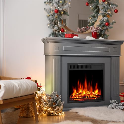 Havato 43" Electric Fireplace with Mantel, Freestanding Electric Fireplace, Wooden Surround Firebox, Remote Control, 7 Level Adjustable Led 3D Frame, 750W/1500W Grey