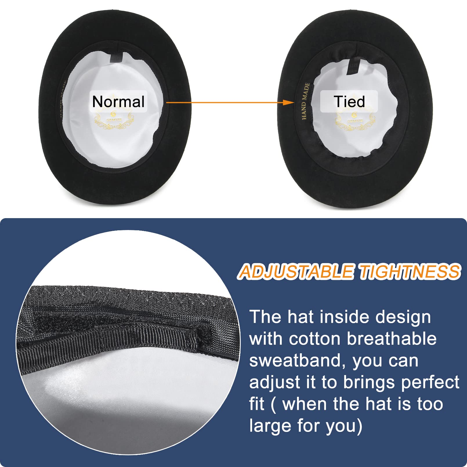 GEMVIE Men 100% Wool Mad Hatter Satin Lined Black Low Top Hats