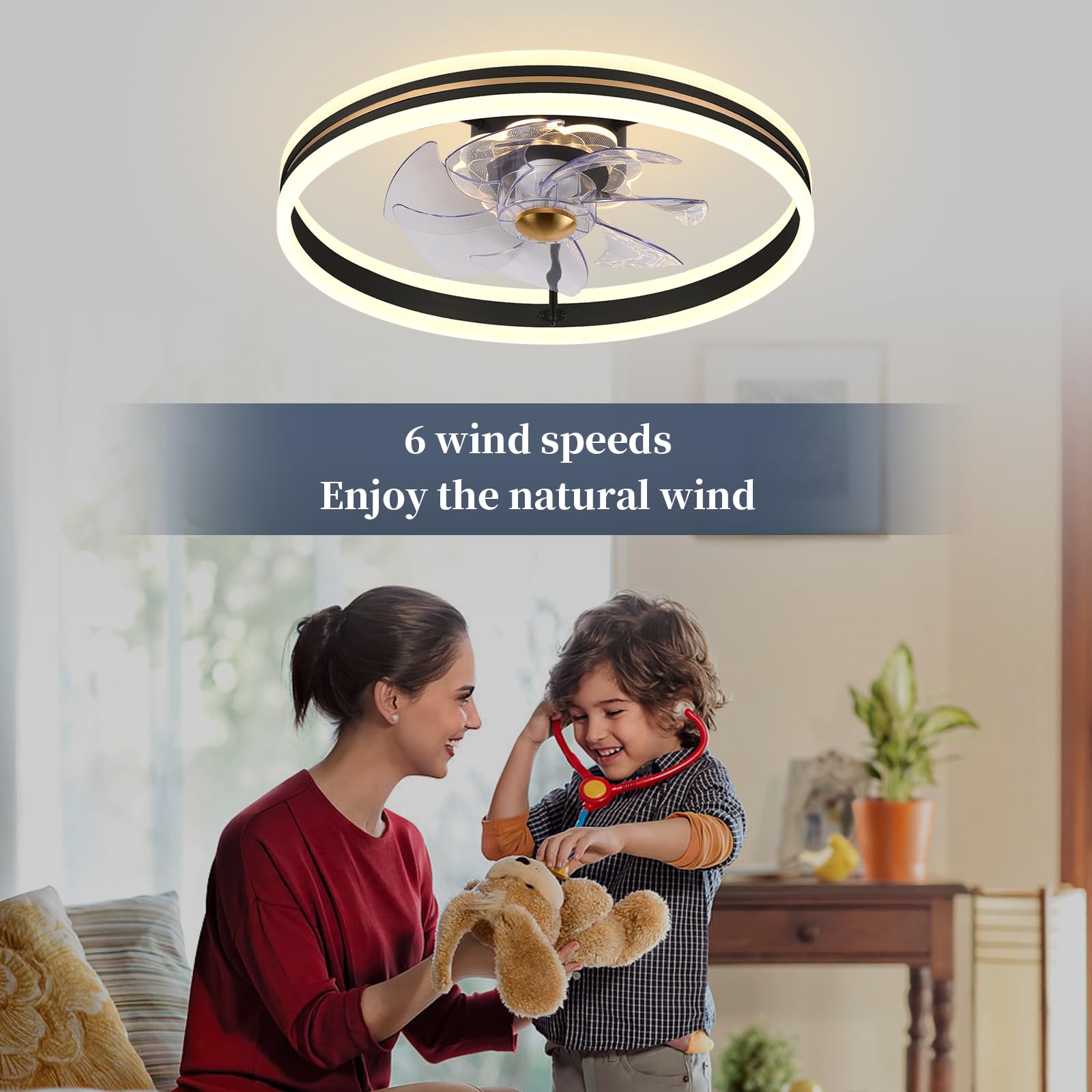 Fszdorj 2023 Upgraded 20ββ Smart Ceiling Fan with Light, Low Profile Fan, Flush Mount Ceiling Fan, 6 Speeds, Dimmable LED, App & Remote Control, Quiet DC Motor, For Bedroom, Living Room, F105 Black